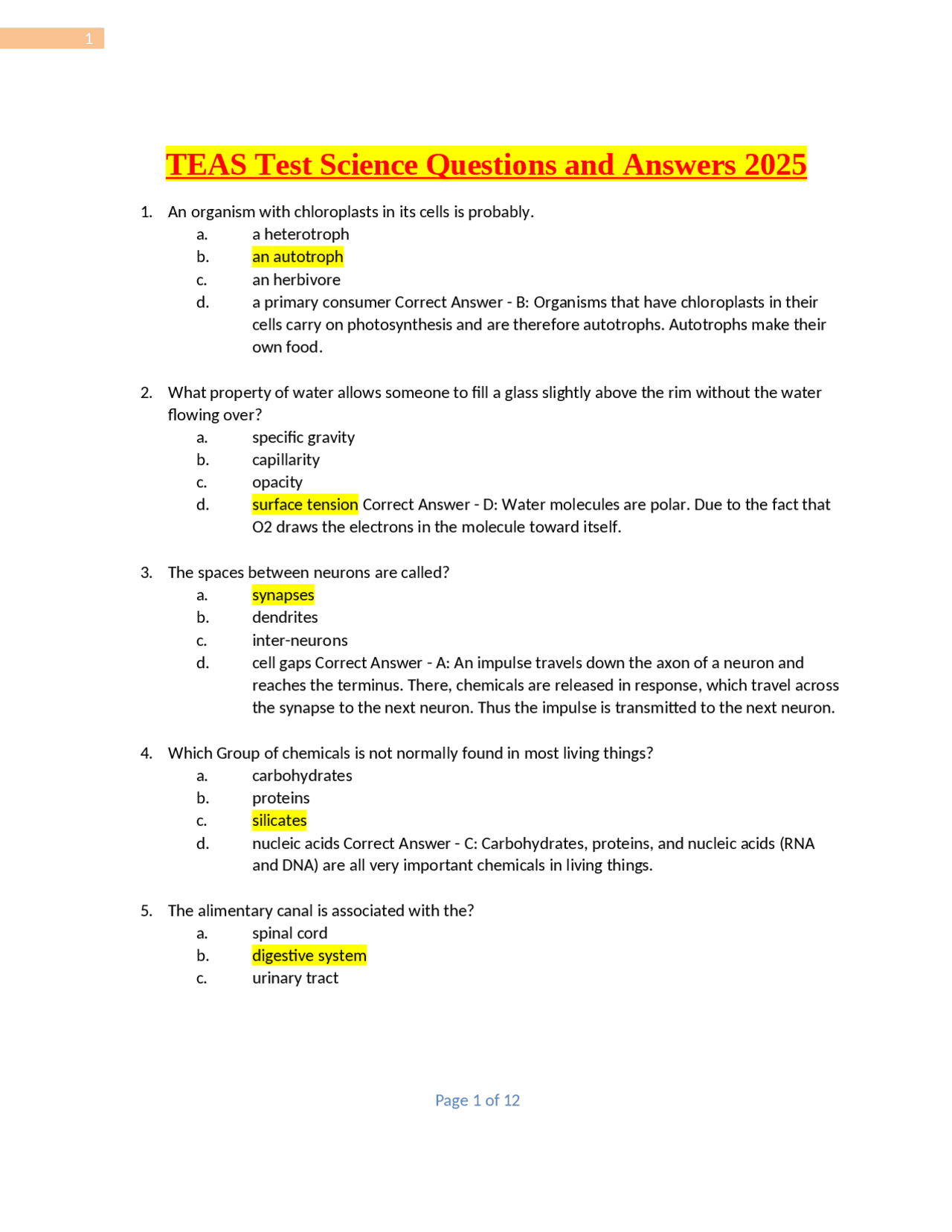 TEAS Test Science Questions and Answers 2025 | Exams Nursing | Docsity