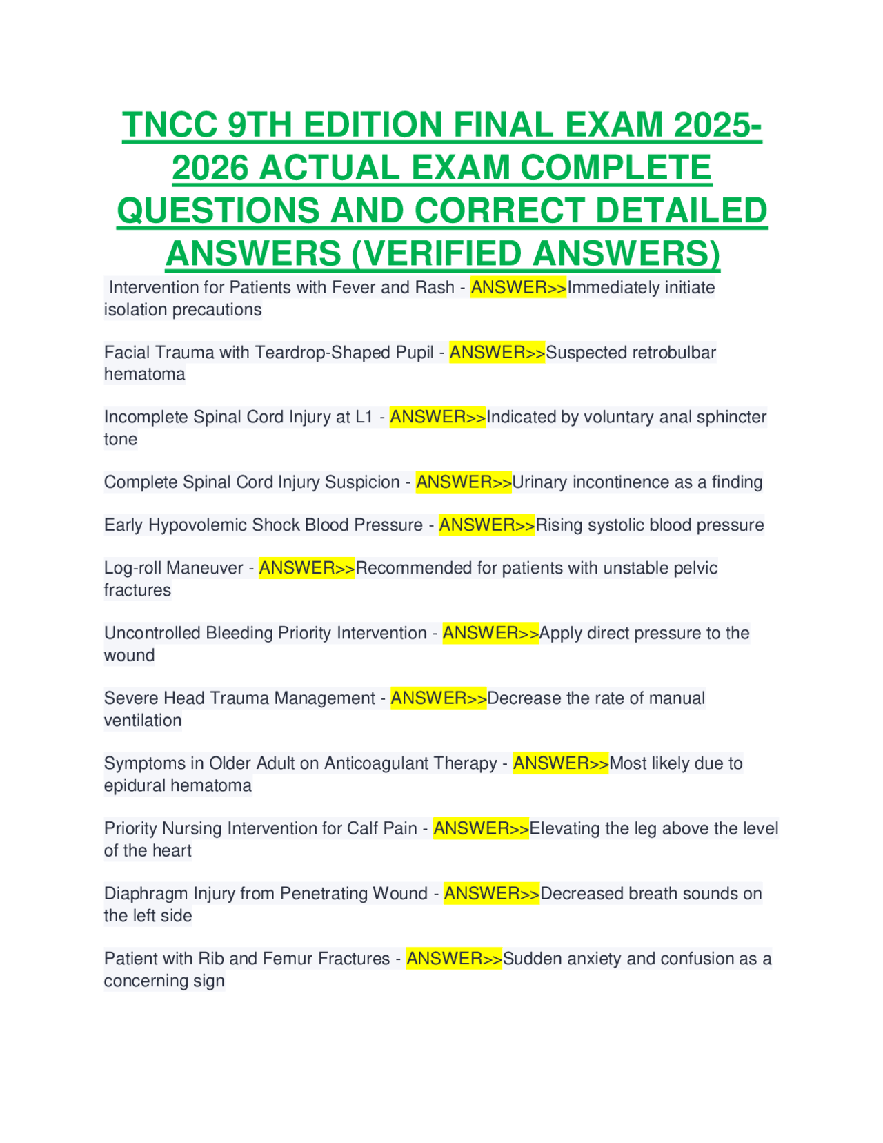 TNCC 9TH EDITION FINAL EXAM 2025-2026 ACTUAL EXAM COMPLETE QUESTIONS ...