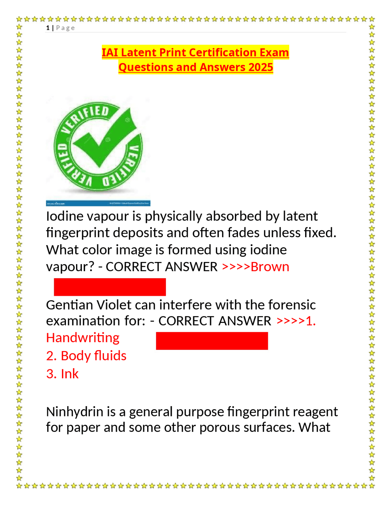 Latent Print Certification Exam Questions and Answers 2025 | Exams Nursing | Docsity