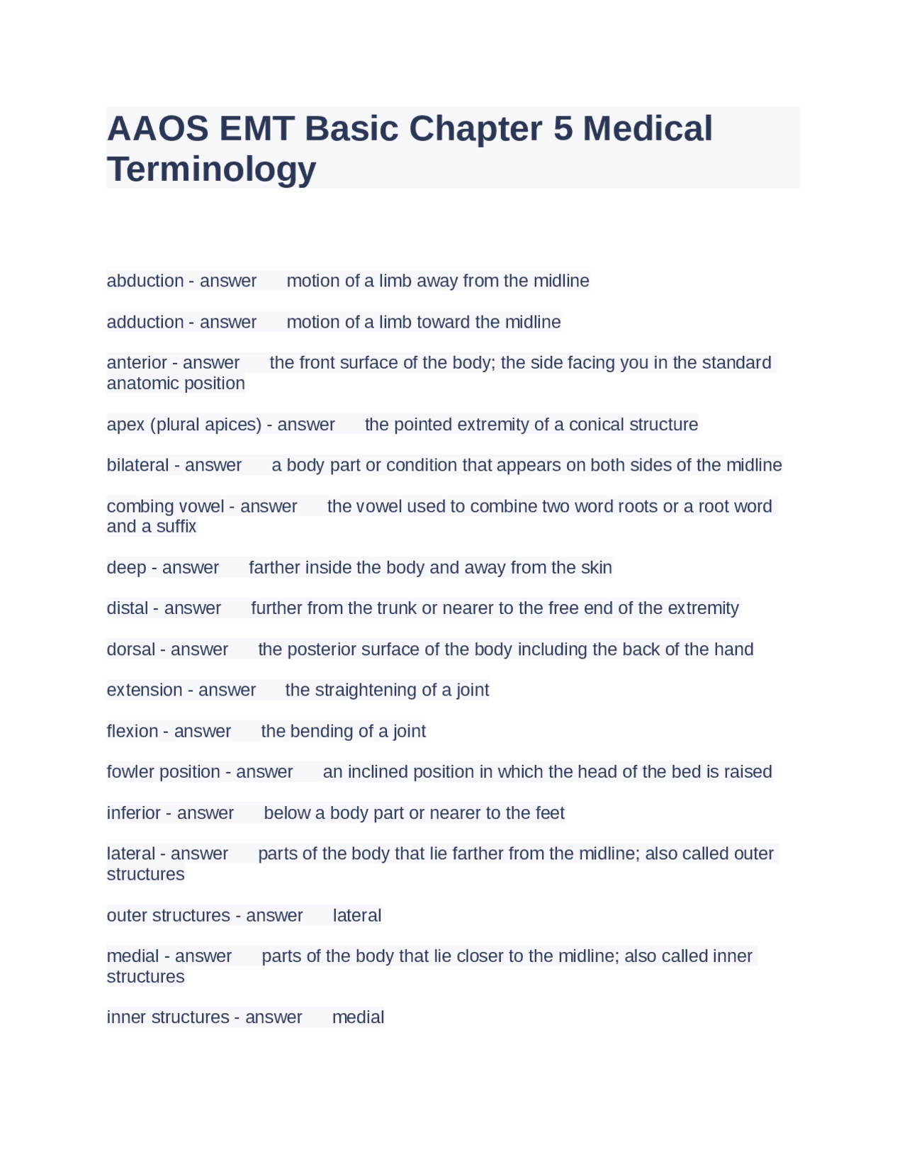 AAOS EMT Basic Chapter 5 Medical Terminology Questions with Correct ...