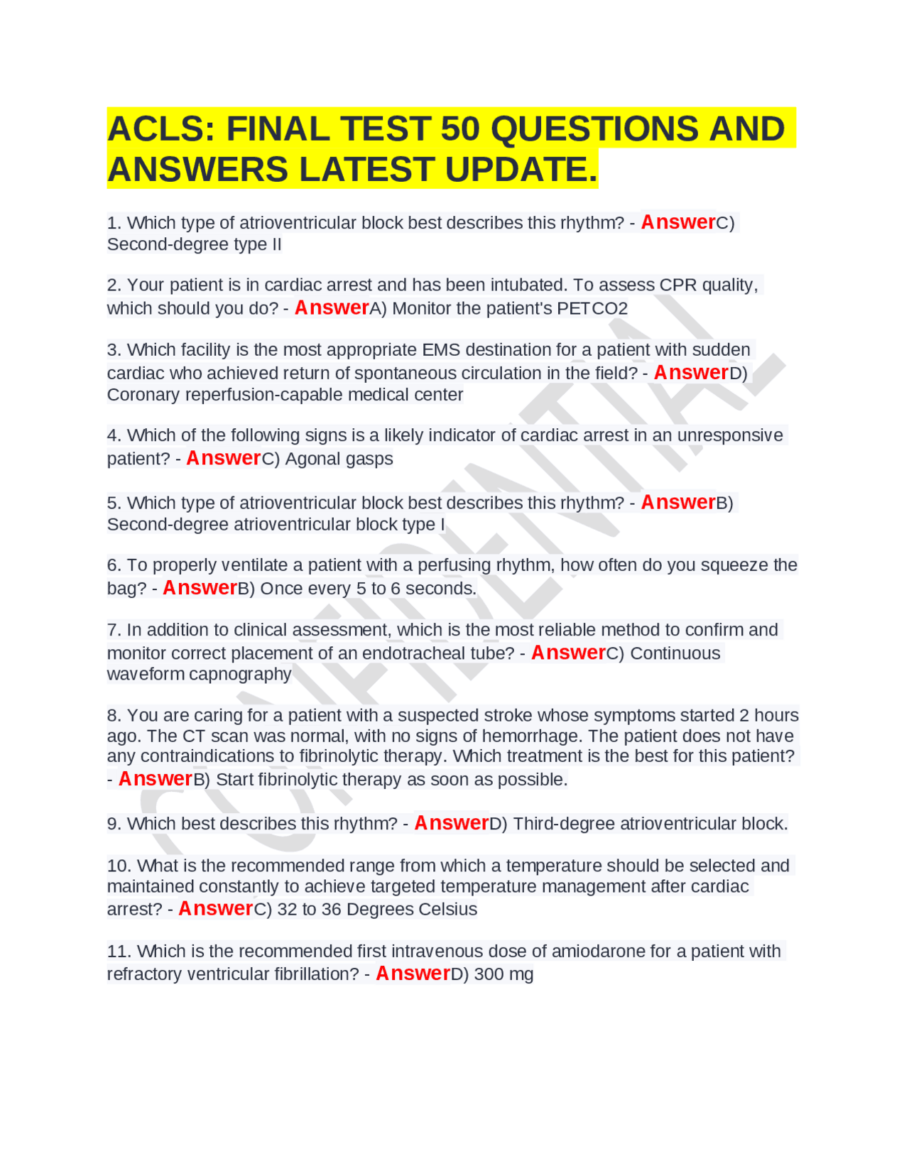 ACLS: FINAL TEST 50 QUESTIONS AND ANSWERS LATEST UPDATE. | Exams ...