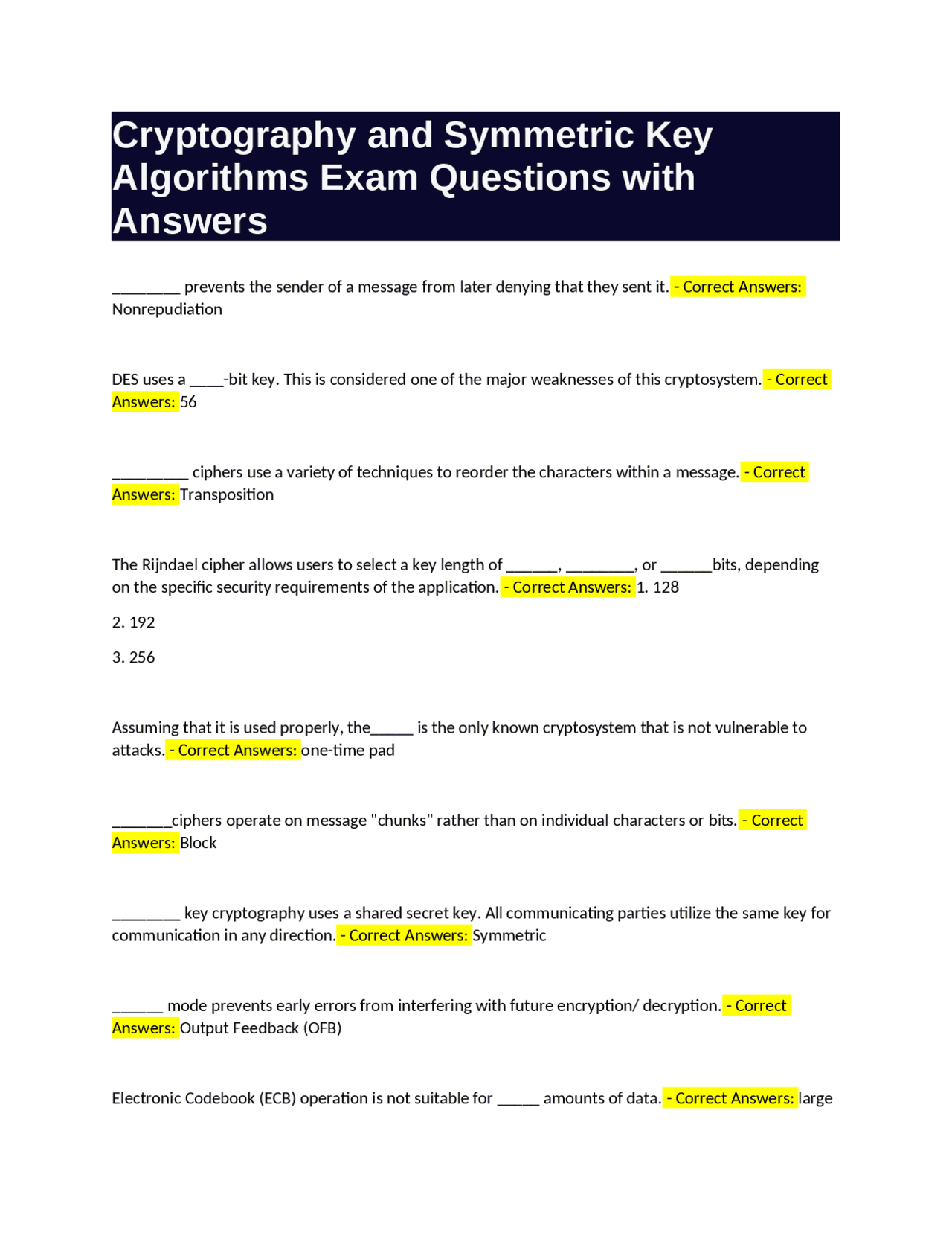 Cryptography and Symmetric Key Algorithms Exam Questions with Answers ...