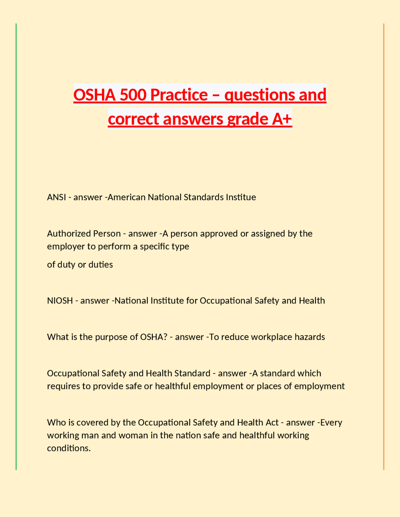 OSHA 500 Practice – questions and correct answers grade A+.docx | Exams ...