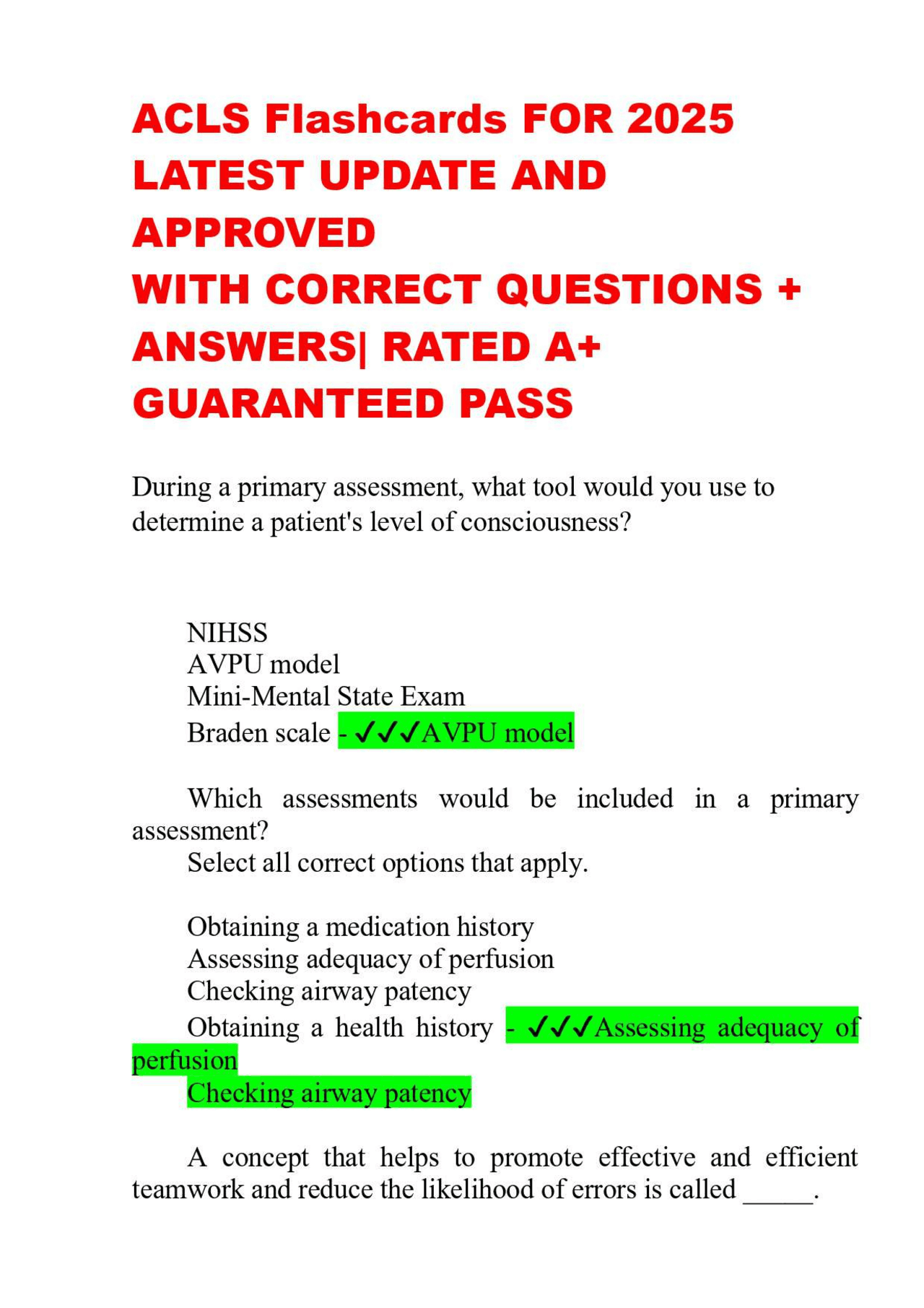 ACLS Flashcards FOR 2025 LATEST UPDATE AND APPROVED WITH CORRECT ...