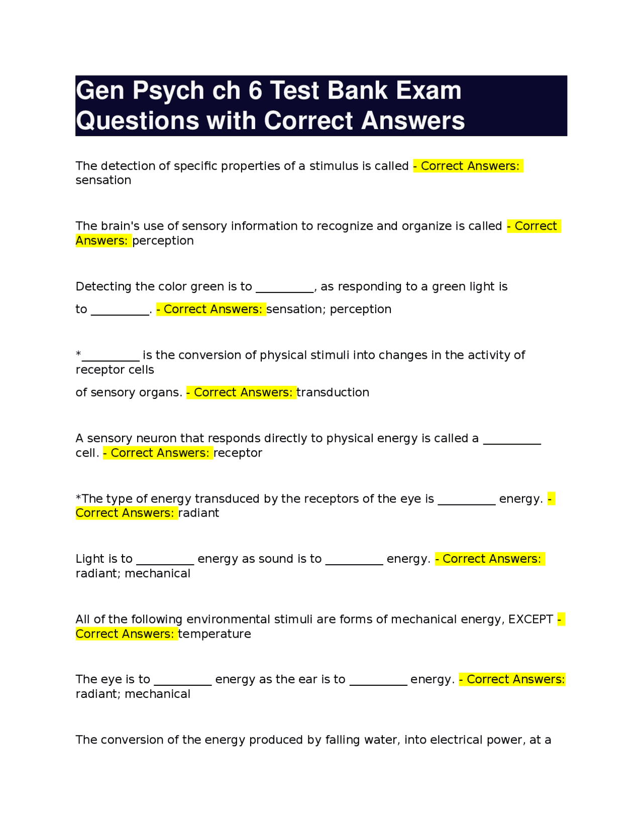 General Psychology Chapter 6 Test Bank: Sensation and Perception ...