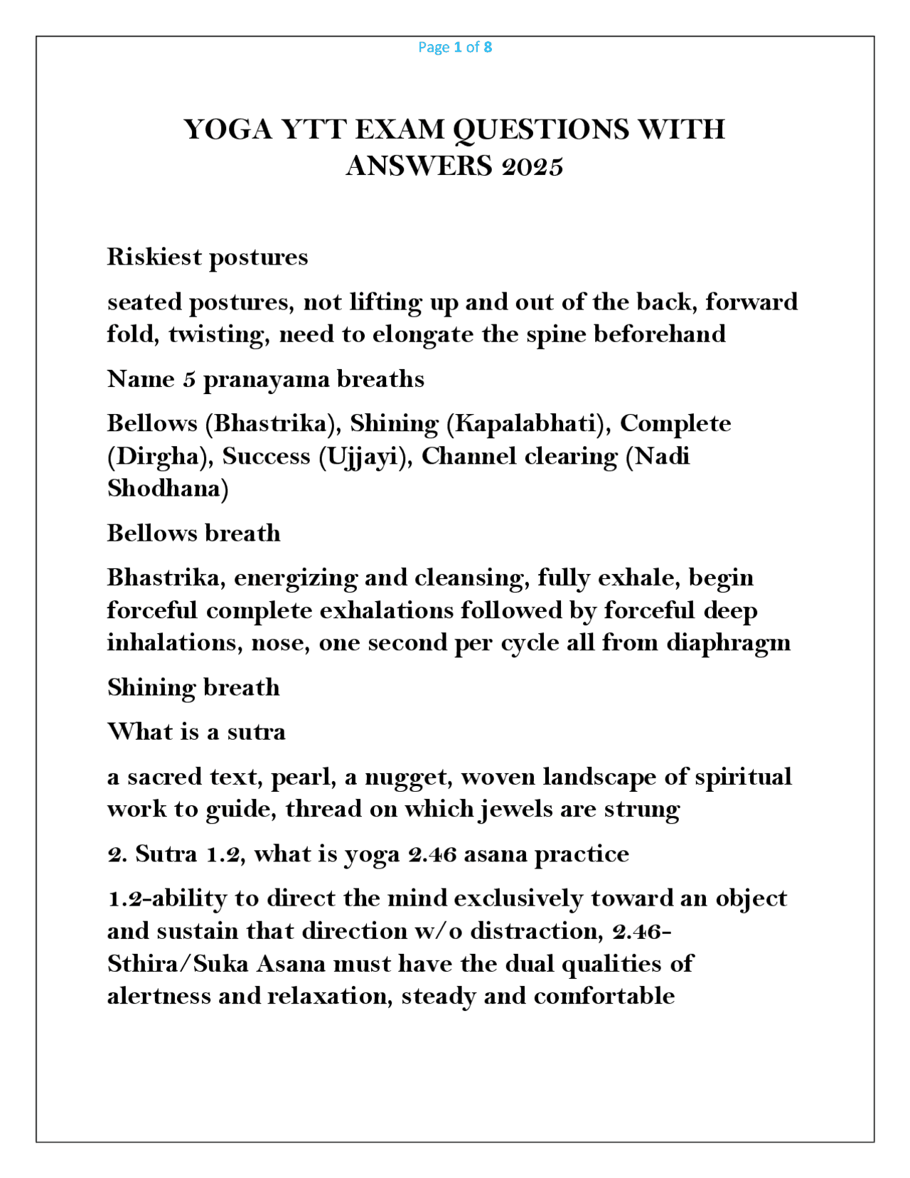 YOGA YTT EXAM QUESTIONS WITH ANSWERS 2025 | Exams Nursing | Docsity