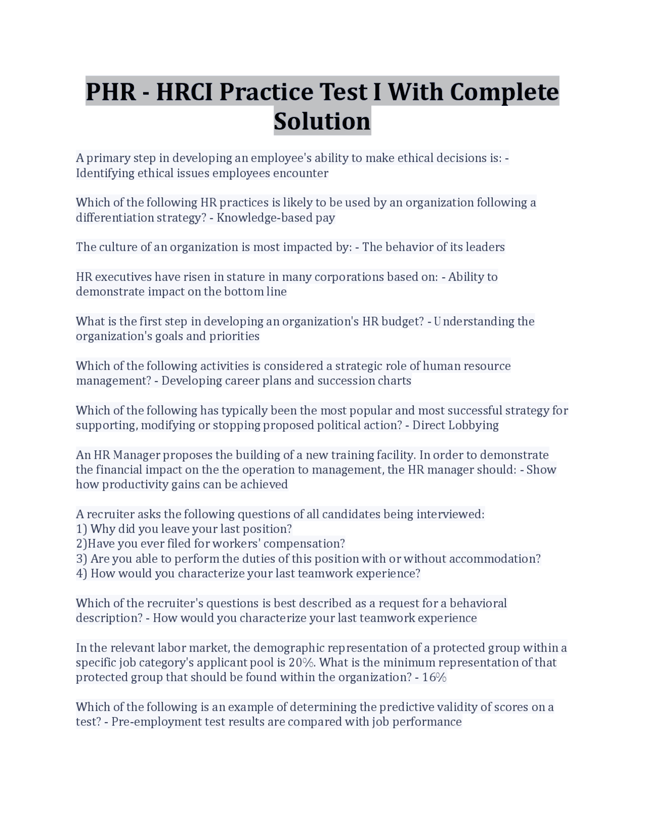 PHR - HRCI Practice Test I With Complete Solution | Exams Advanced ...