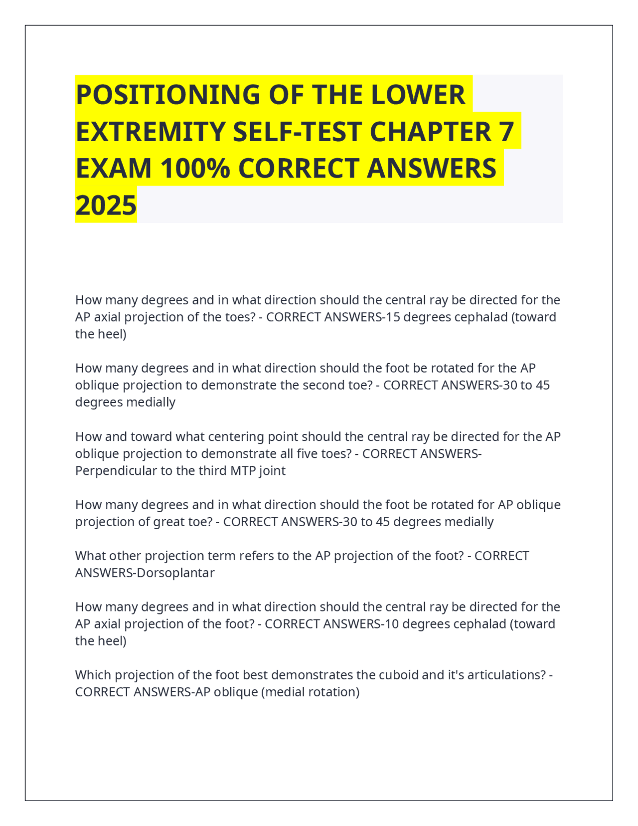 Positioning of the Lower Extremity Self-Test: Chapter 7 Exam | Exams ...