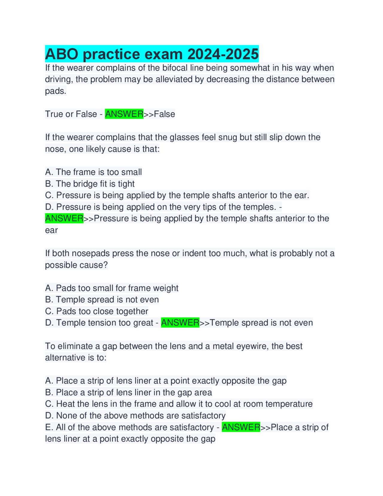 ABO practice exam 2024-2025 | Exams Nursing | Docsity