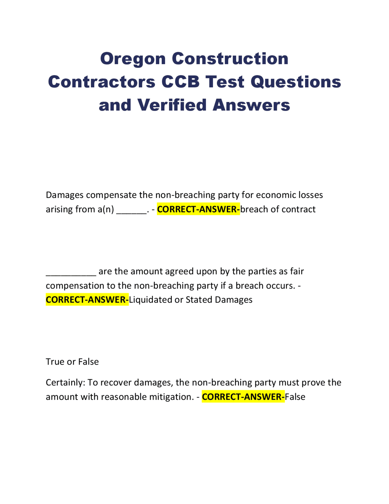 Oregon Construction Contractors CCB Test Questions and Answers | Exams ...