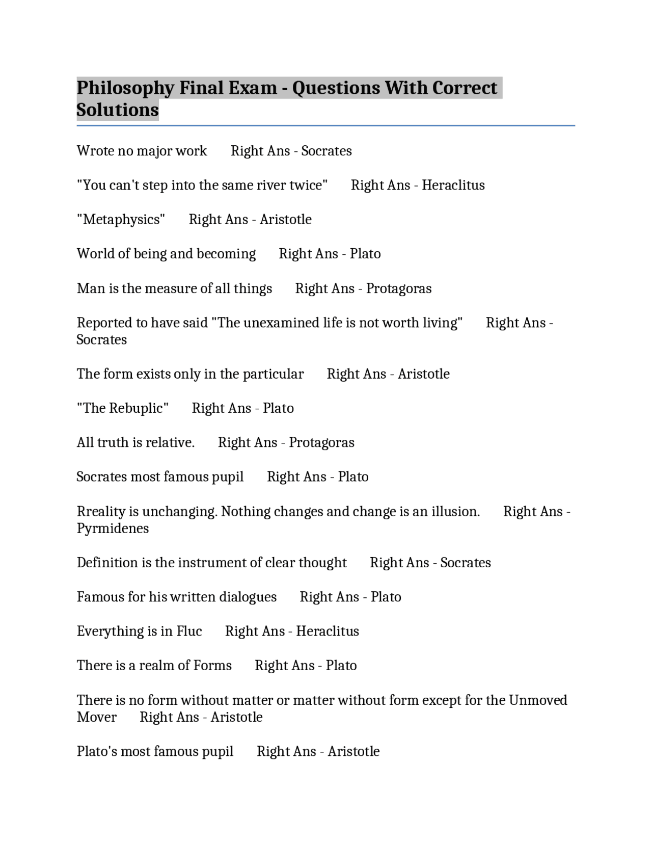 Philosophy Final Exam - Questions and Answers | Exams Philosophy | Docsity
