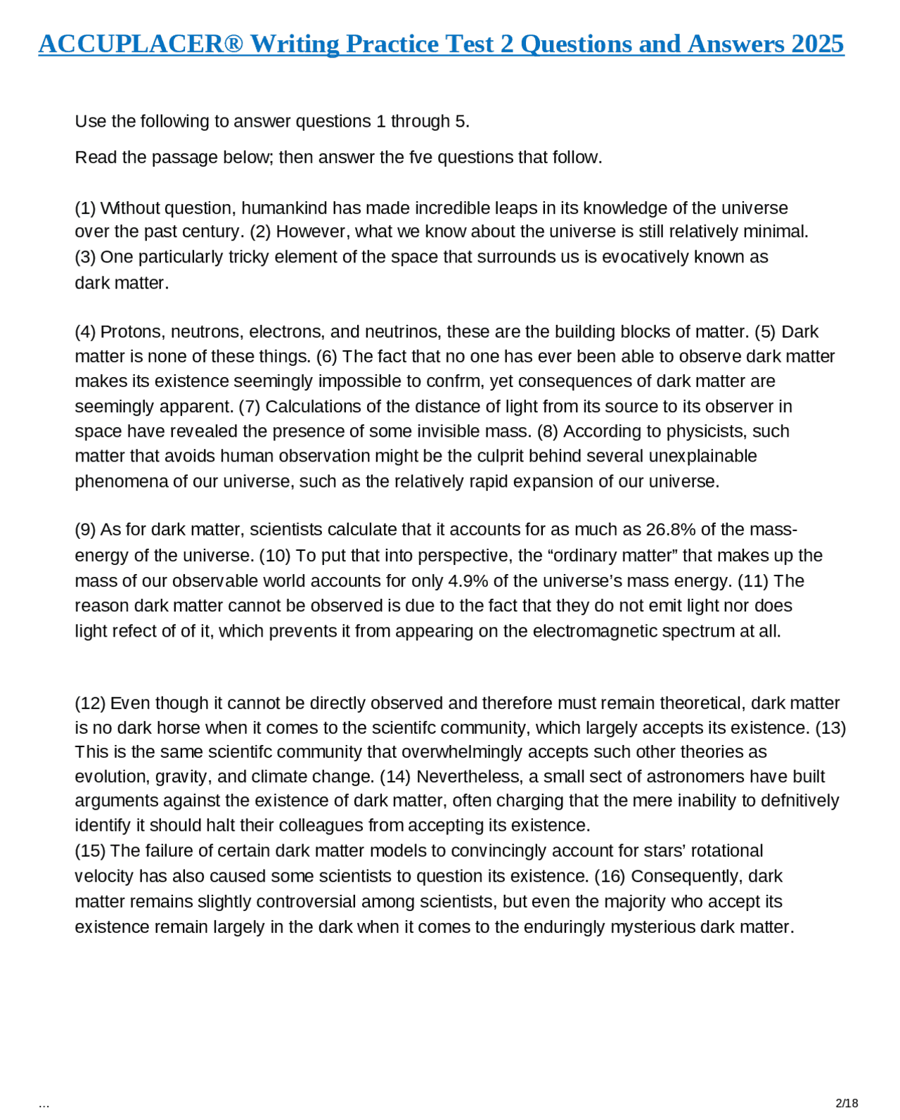 ACCUPLACER® Writing Practice Test 2 Questions and Answers 2025 | Exams ...