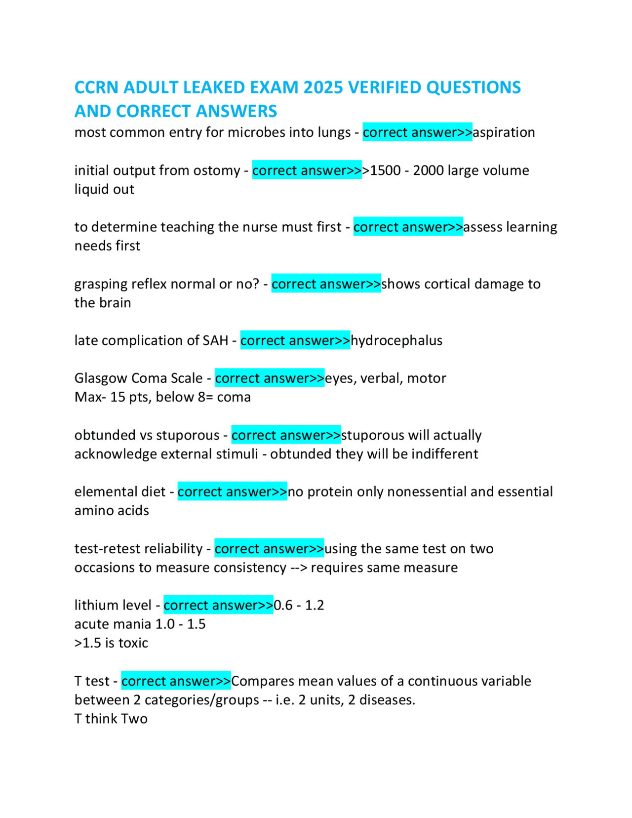 CCRN ADULT LEAKED EXAM 2025 VERIFIED QUESTIONS AND CORRECT ANSWERS ...