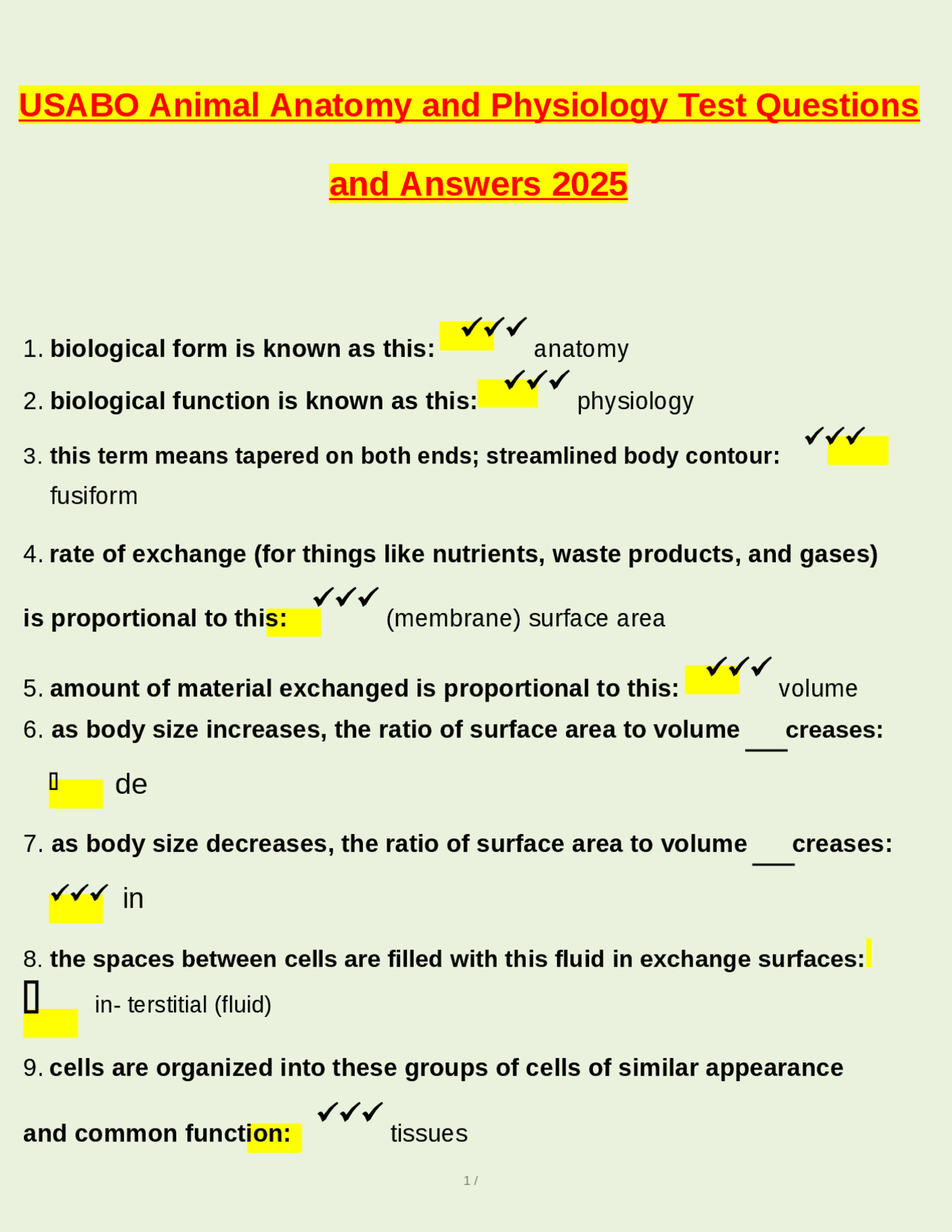 USABO Animal Anatomy and Physiology Test Questions and Answers 2025 ...
