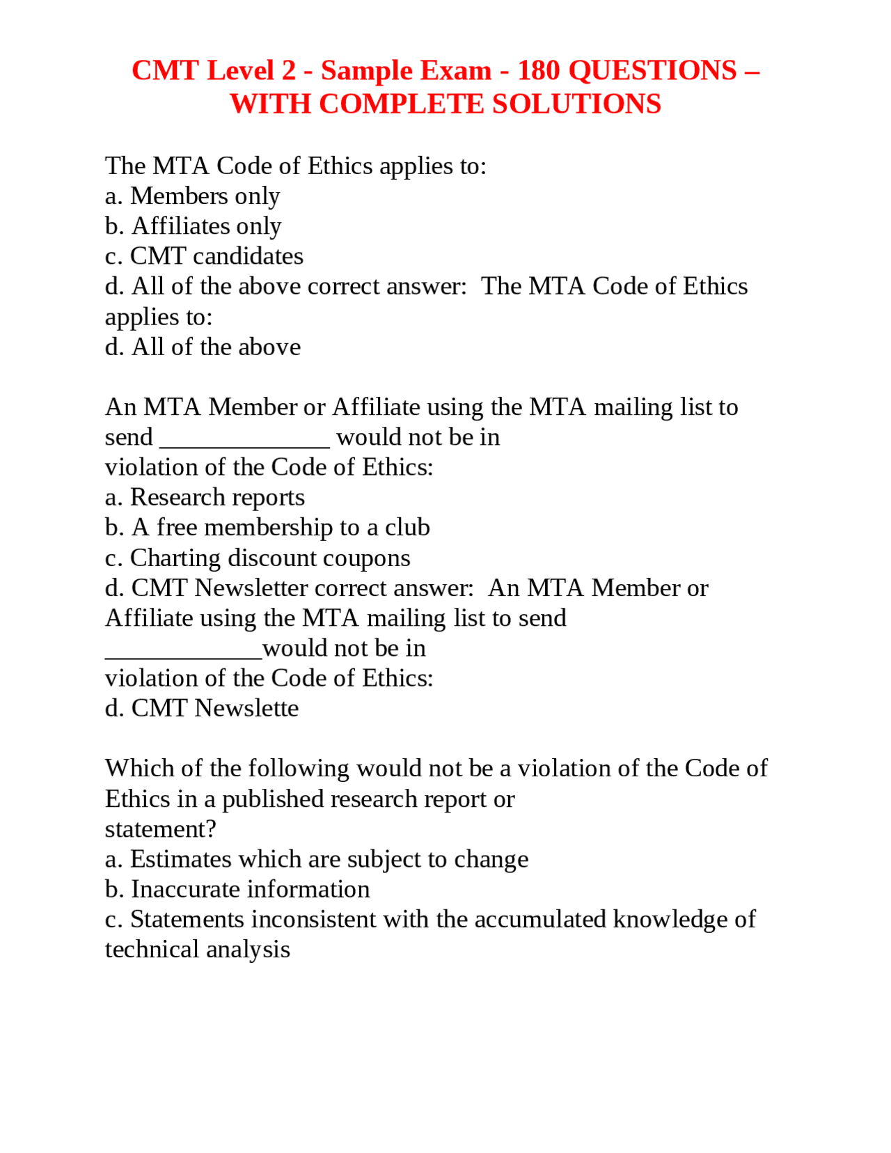 CMT Level 2 - Sample Exam - 180 QUESTIONS – WITH COMPLETE SOLUTIONS | Exams Accounting | Docsity