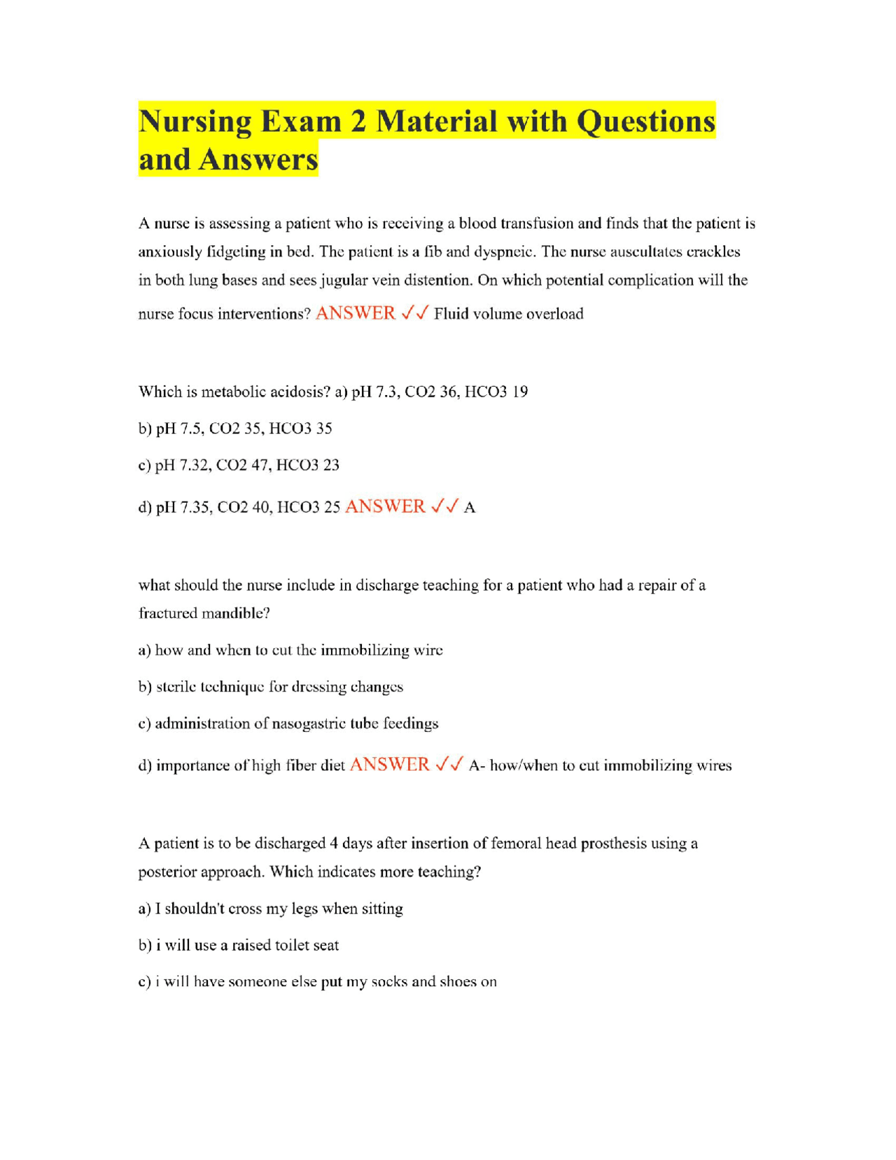 Nursing Exam 2 Material with Questions and Answers | Exams Nursing ...