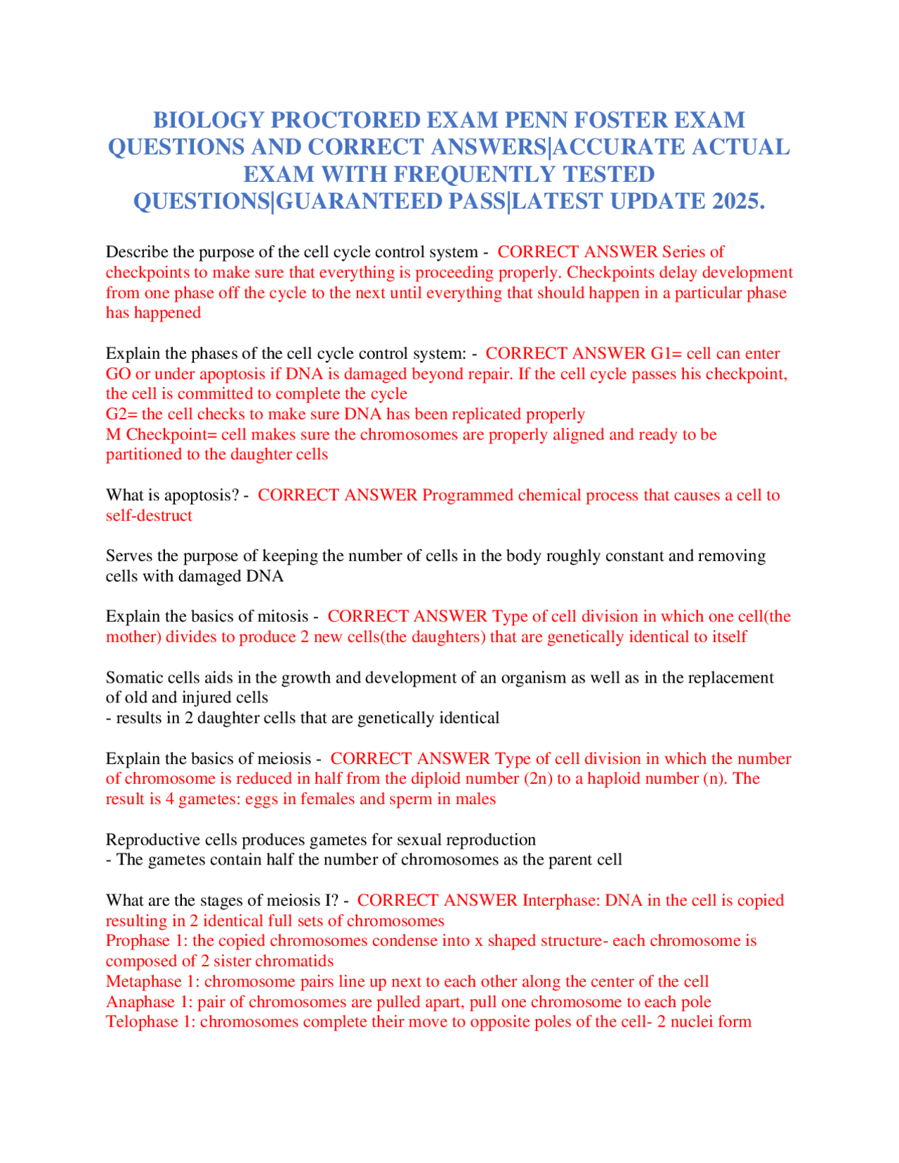 BIOLOGY PROCTORED EXAM PENN FOSTER EXAM QUESTIONS AND CORRECT ANSWERS ...