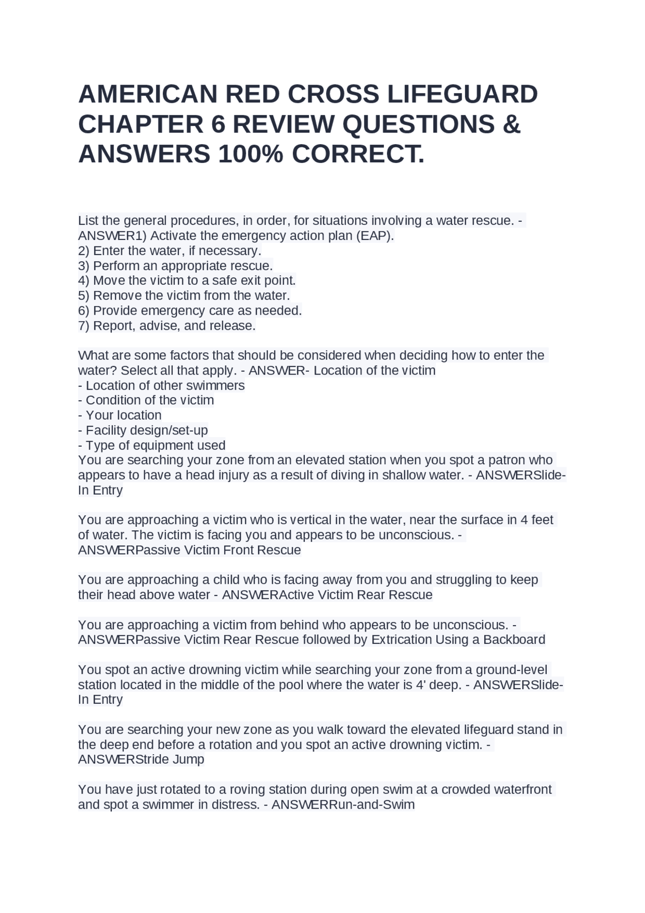 AMERICAN RED CROSS LIFEGUARD CHAPTER 6 REVIEW QUESTIONS & ANSWERS 100% ...