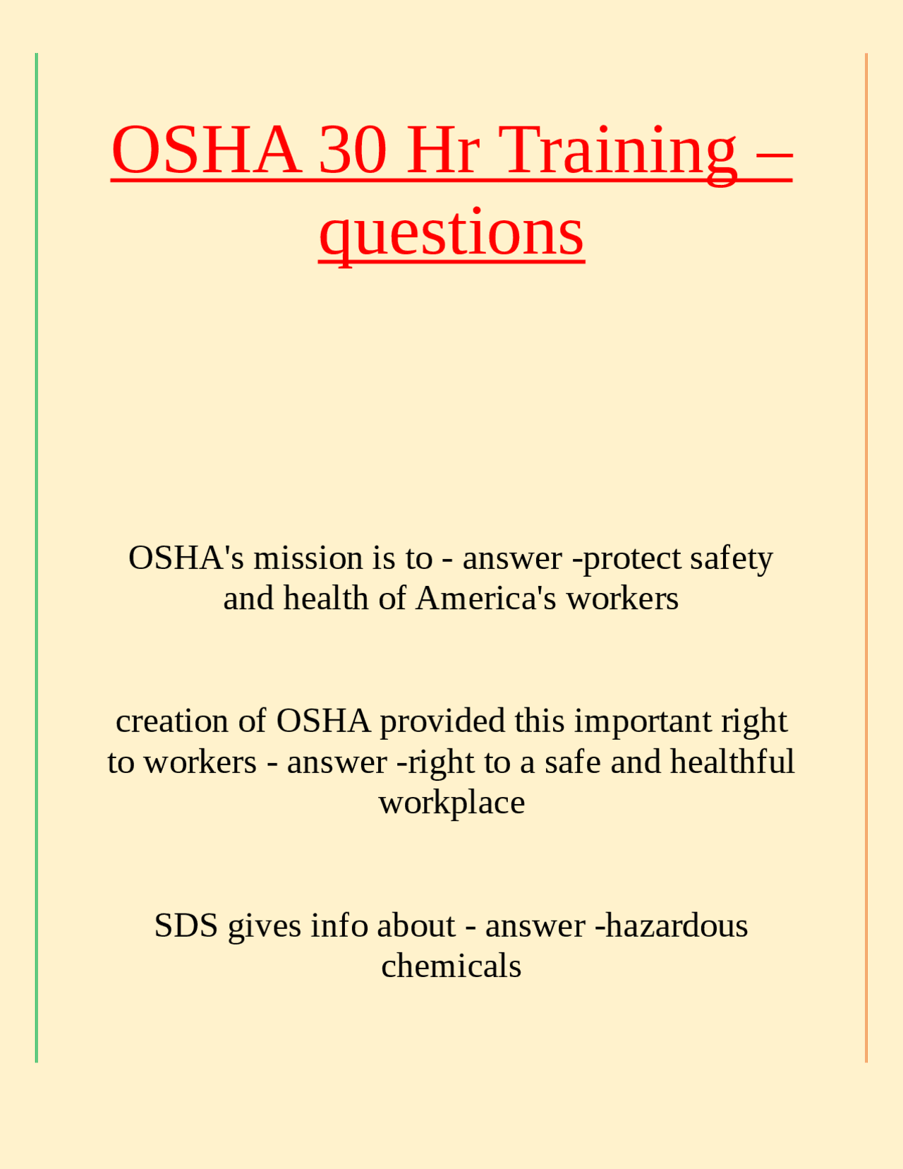 OSHA 30 Hr Training – questions.docx | Exams Nursing | Docsity