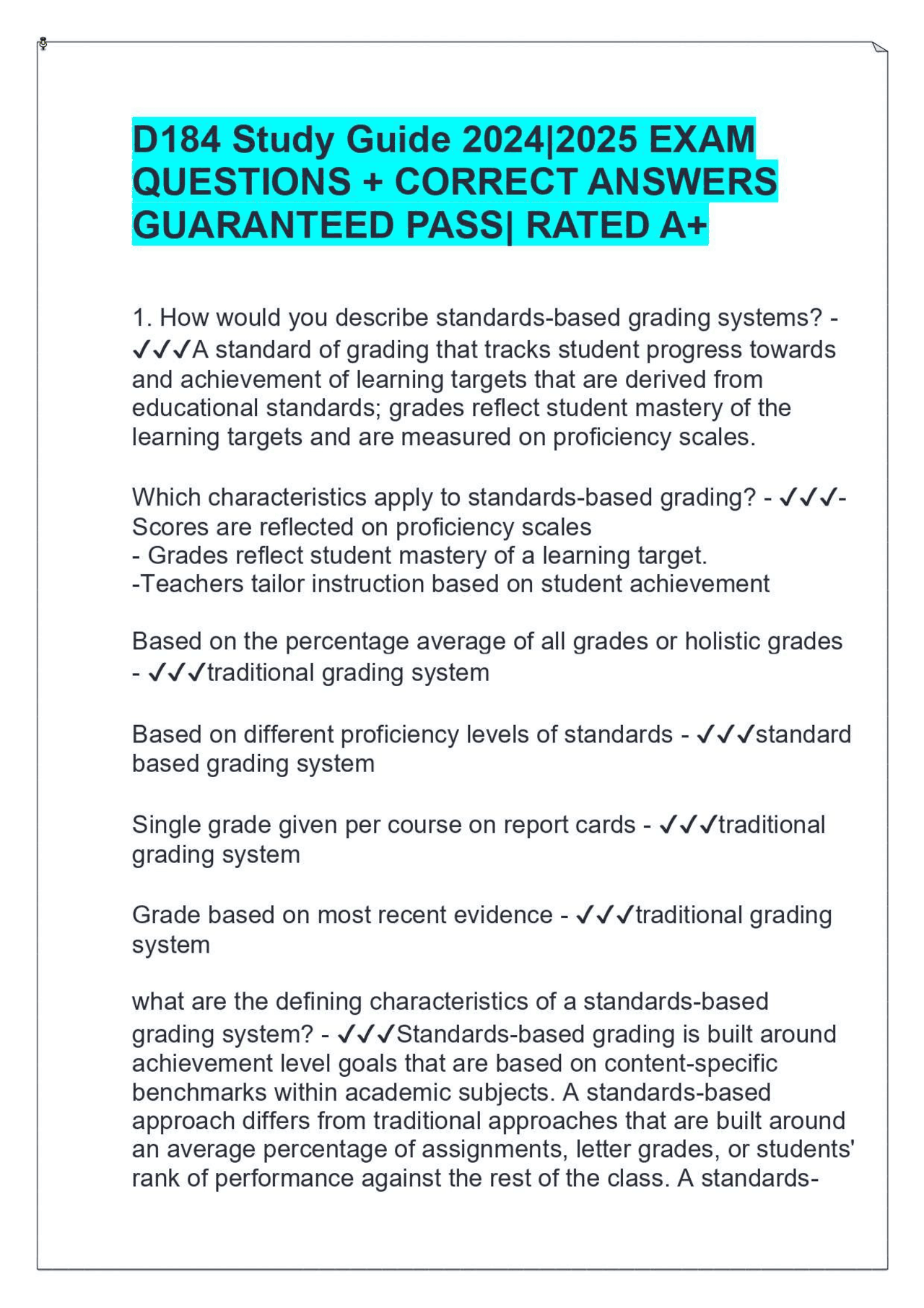 D184 Study Guide 2024|2025 EXAM QUESTIONS + CORRECT ANSWERS GUARANTEED PASS| RATED A+ 1. H ...