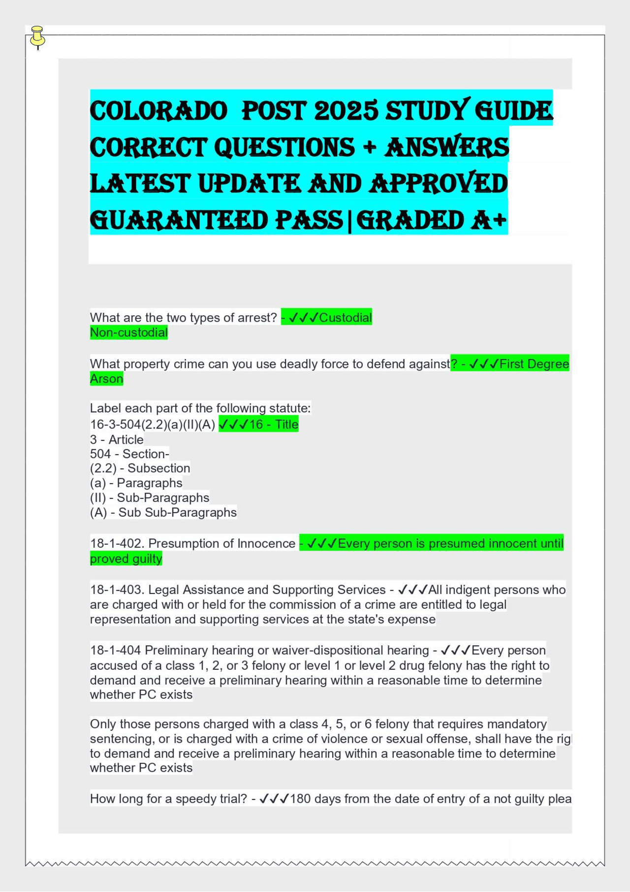 Colorado POST 2025 Study Guide CORRECT QUESTIONS + ANSWERS LATEST ...