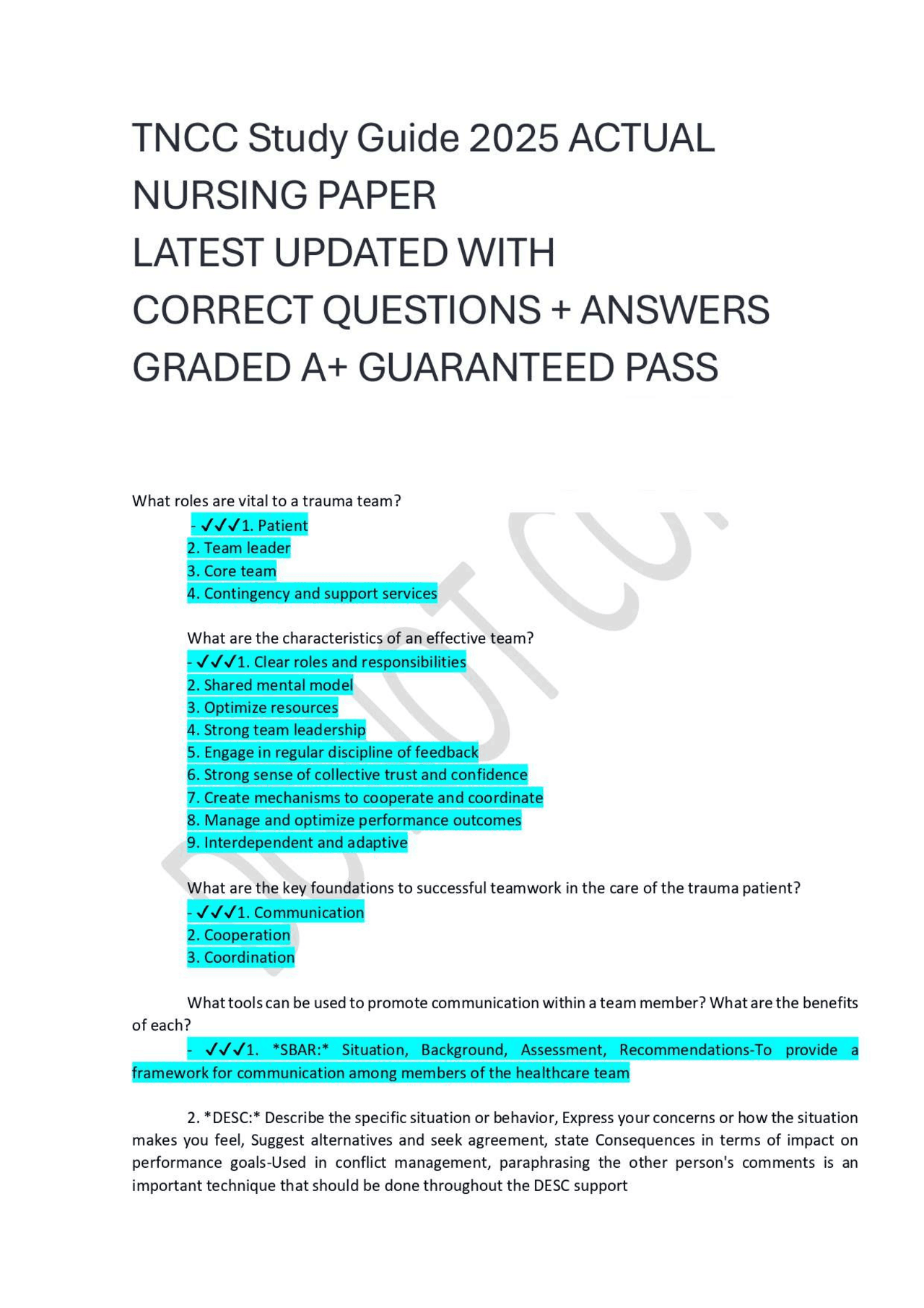 TNCC Study Guide 2025 ACTUAL NURSING PAPER LATEST UPDATED WITH CORRECT ...