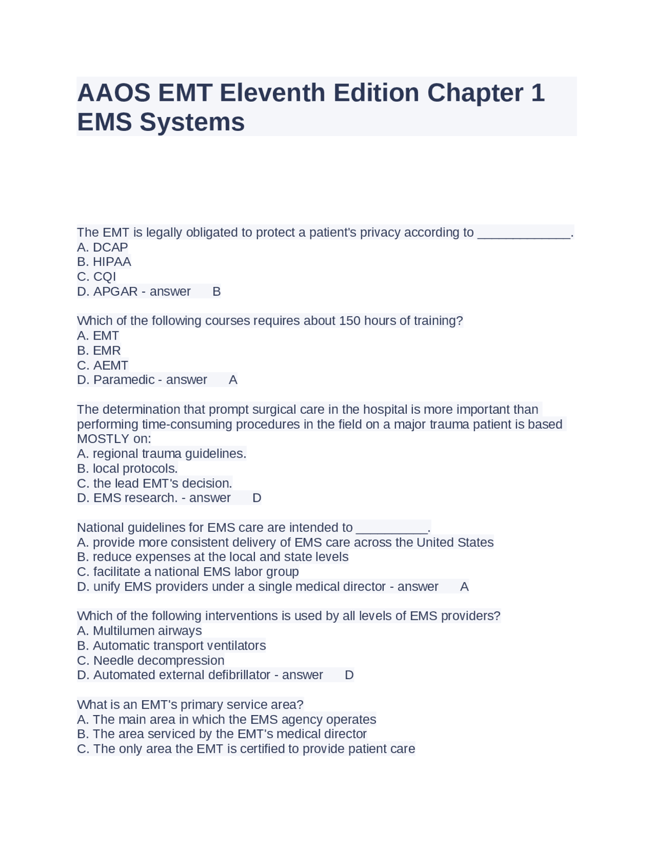 AAOS EMT Eleventh Edition Chapter 1 EMS Systems Questions with Correct ...