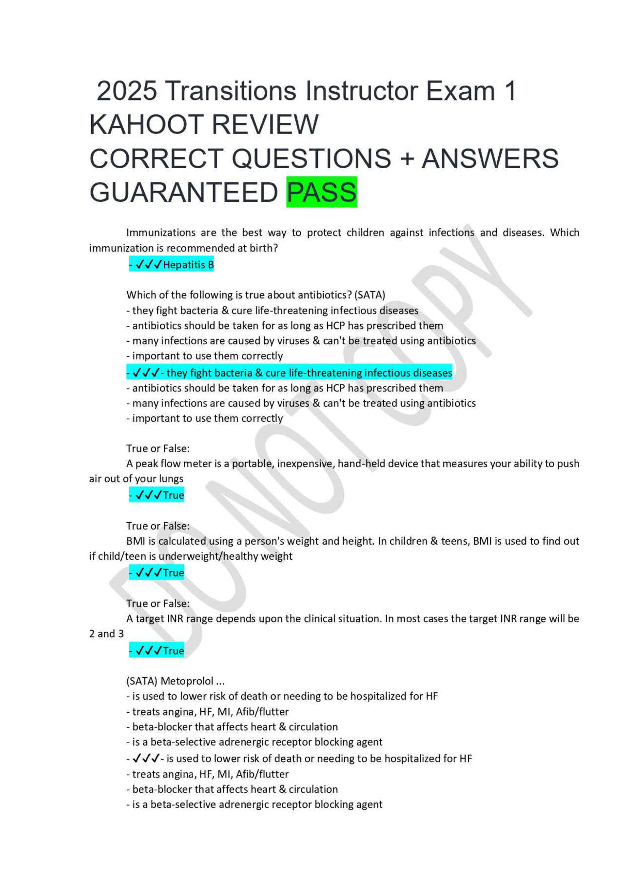 2025 Transitions Instructor Exam 1 KAHOOT REVIEW CORRECT QUESTIONS ...