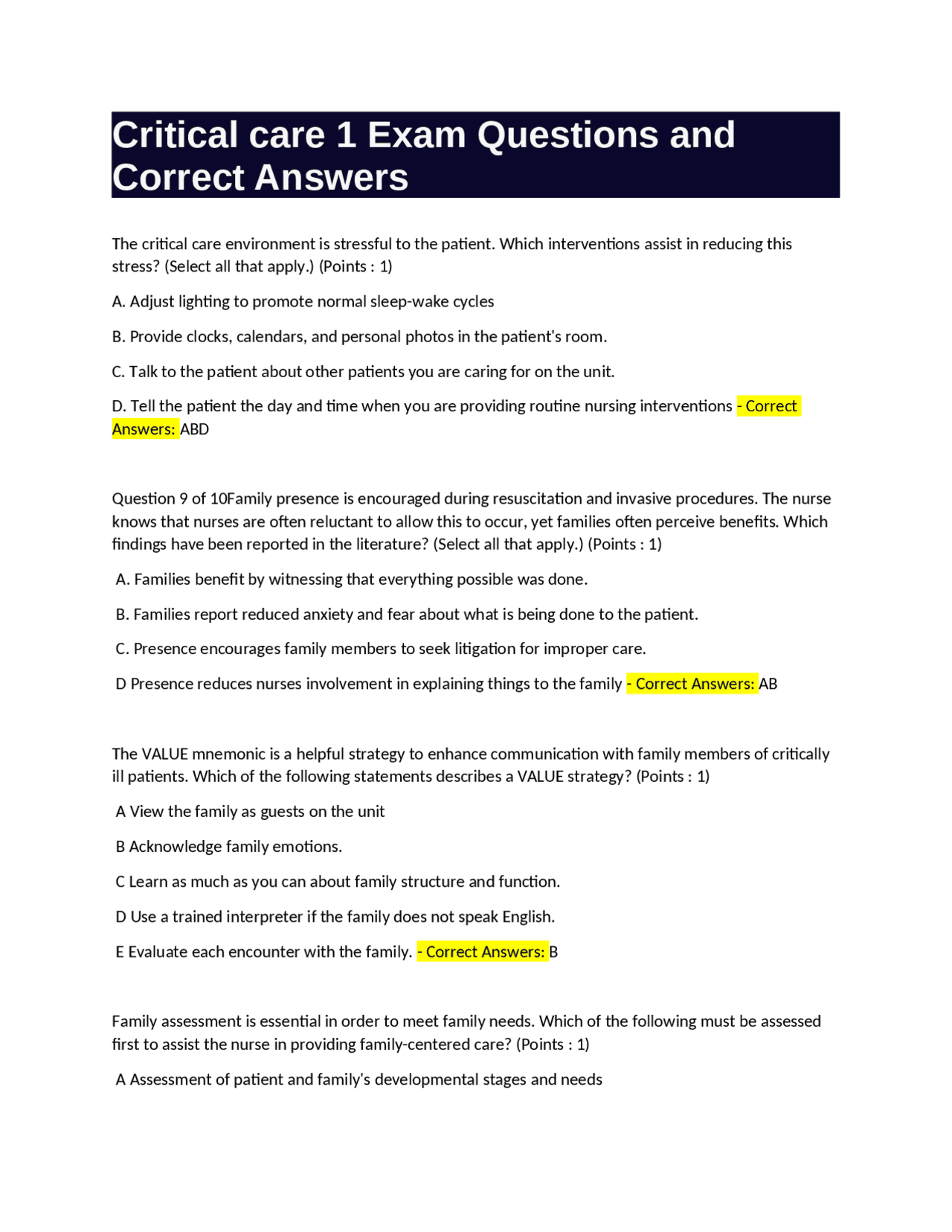 Critical care 1 Exam Questions and Correct Answers | Exams Nursing | Docsity