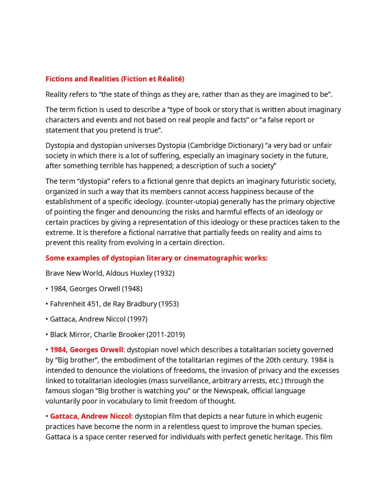 Fictions and realities | Essays (high school) English | Docsity