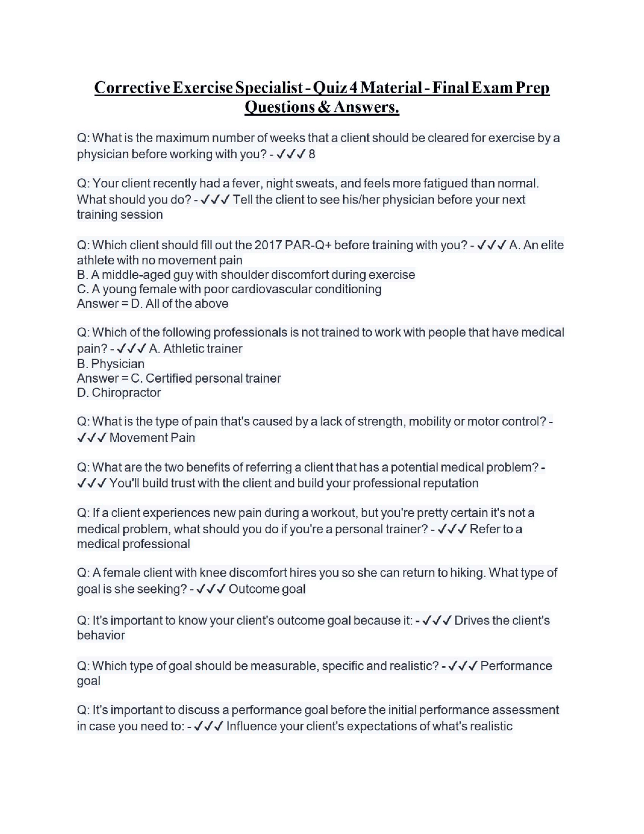Corrective Exercise Specialist - Quiz 4 Material - Final Exam Prep ...