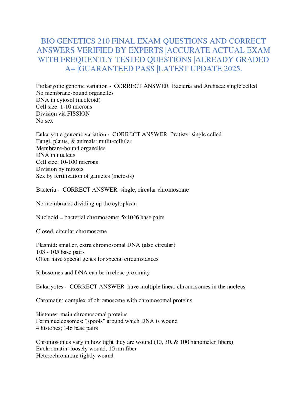BIO GENETICS 210 FINAL EXAM QUESTIONS AND CORRECT ANSWERS VERIFIED ...