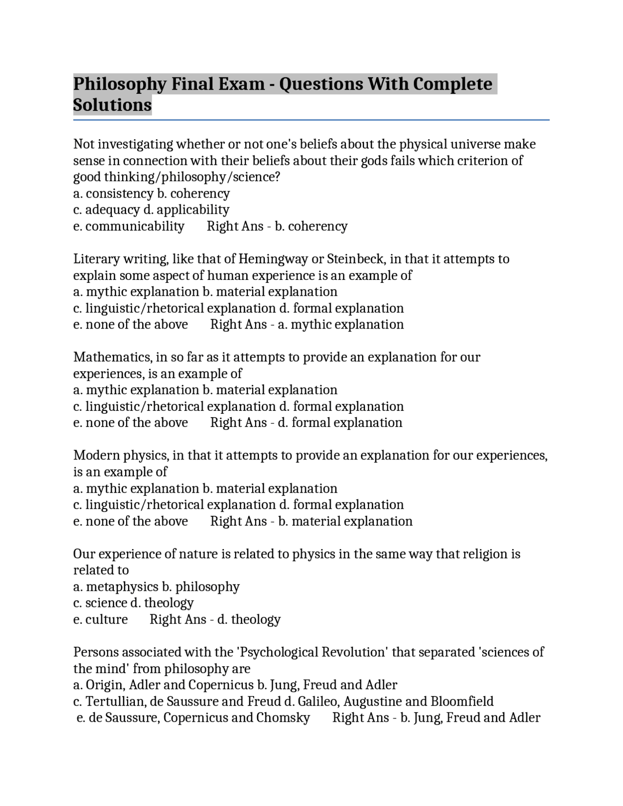 Philosophy Final Exam - Questions With Complete Solutions | Exams ...