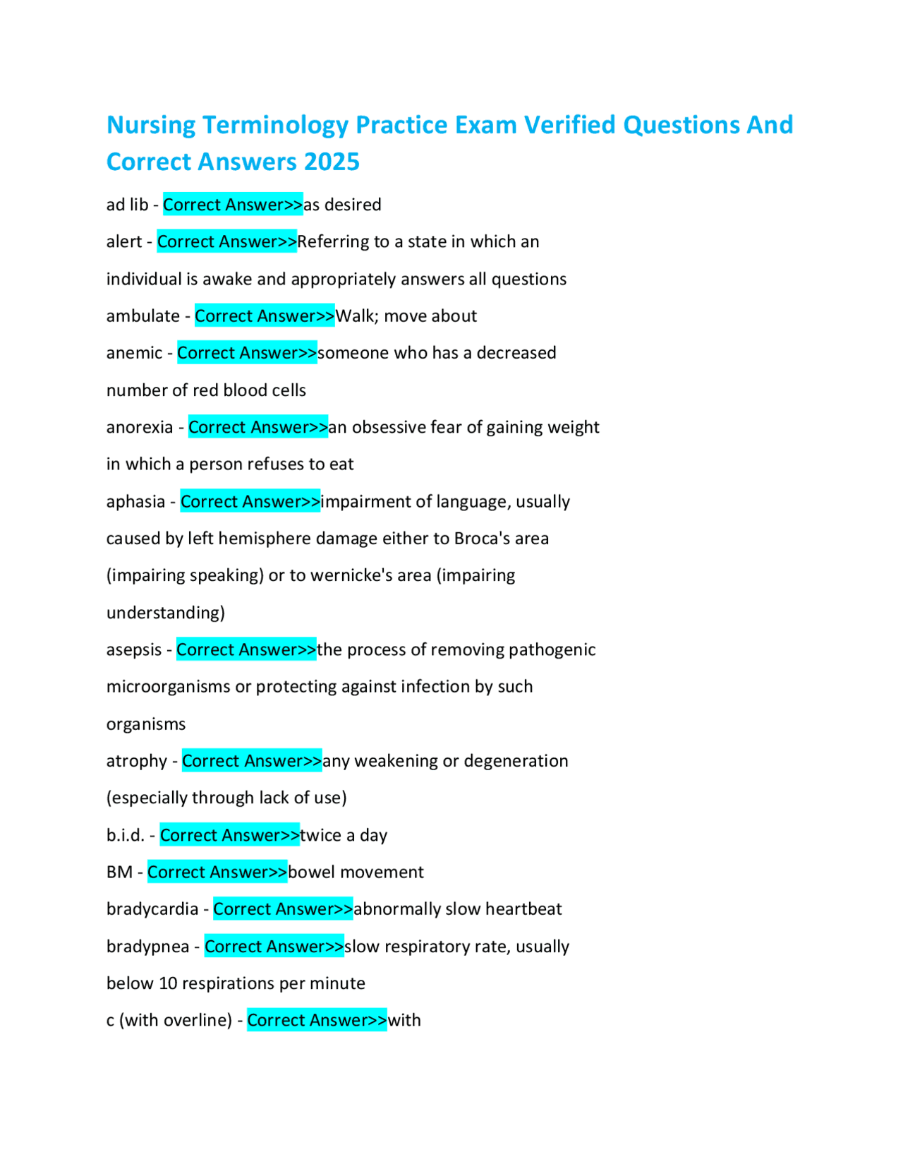 Nursing Terminology Practice Exam Verified Questions And Correct ...