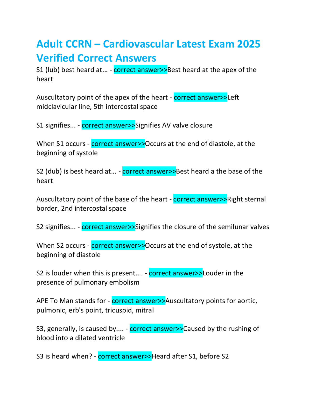 Adult CCRN – Cardiovascular Latest Exam 2025 Verified Correct Answers ...