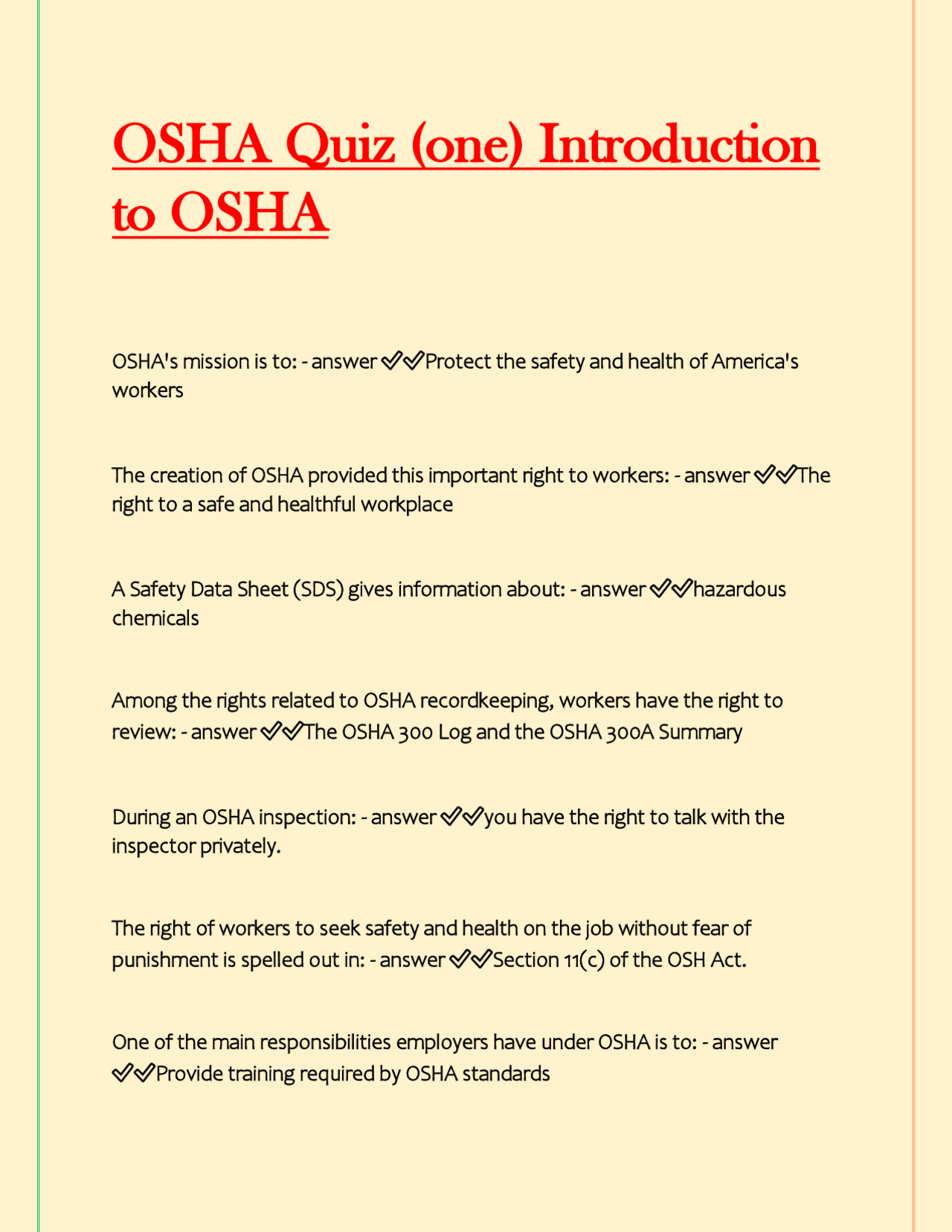 OSHA Quiz (one) Introduction to OSHA.pdf | Exams Nursing | Docsity