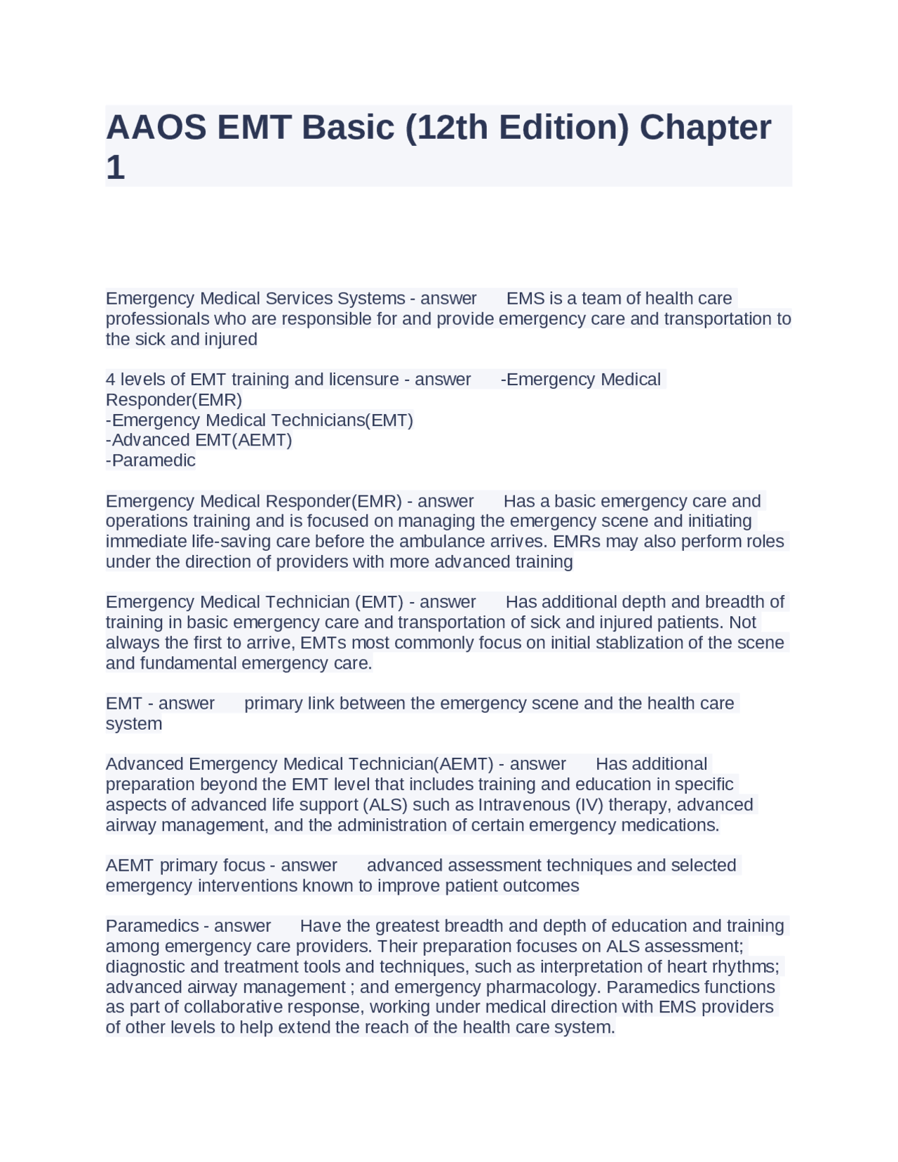 AAOS EMT Basic (12th Edition) Chapter 1 Questions and Answers | Exams ...