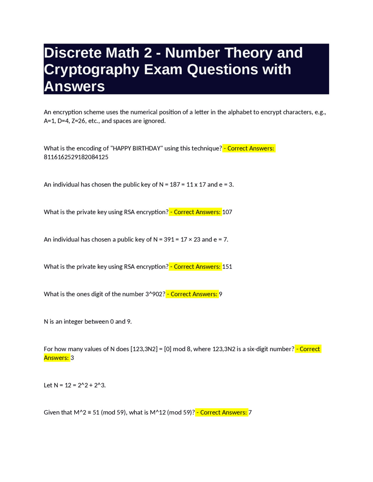 Discrete Math 2 - Number Theory and Cryptography Exam Questions with Answers | Exams ...