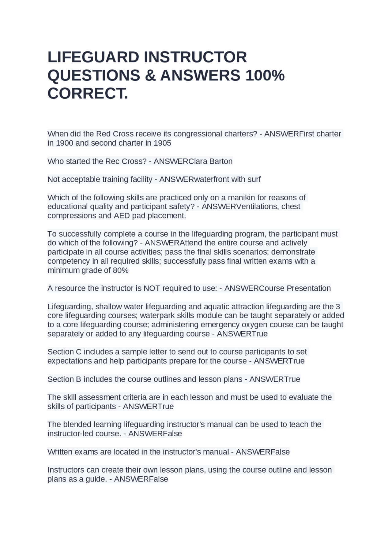 LIFEGUARD INSTRUCTOR QUESTIONS & ANSWERS 100% CORRECT. | Exams Nursing ...