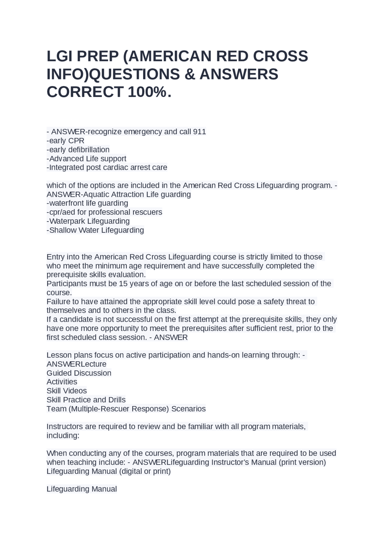 LGI PREP (AMERICAN RED CROSS INFO)QUESTIONS & ANSWERS CORRECT 100% ...