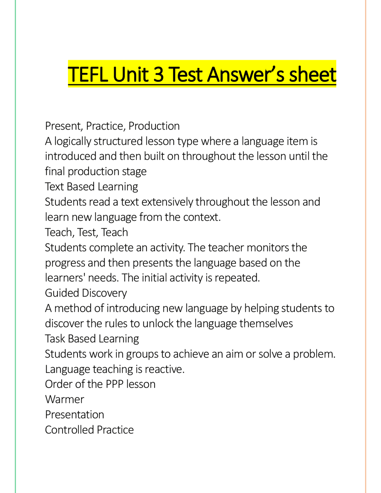TEFL Unit 3 Test Answer’s sheet.pdf | Exams Nursing | Docsity