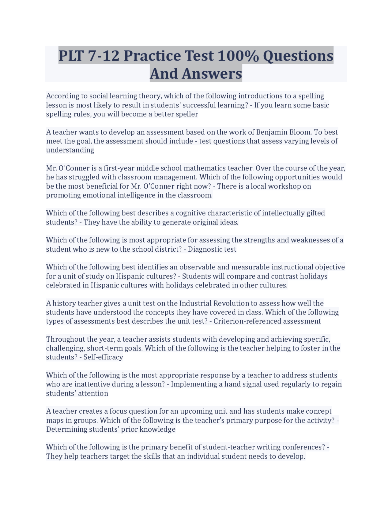 PLT 7-12 Practice Test 100% Questions And Answers | Exams Advanced ...