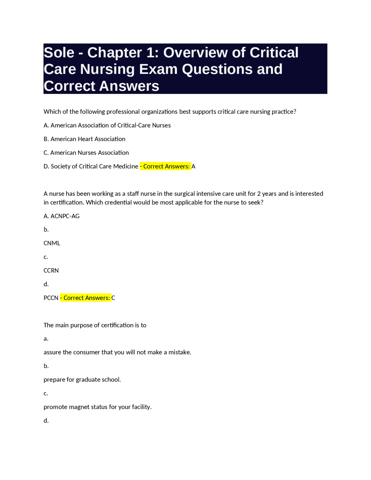 Sole - Chapter 1 Overview of Critical Care Nursing Exam Questions and ...