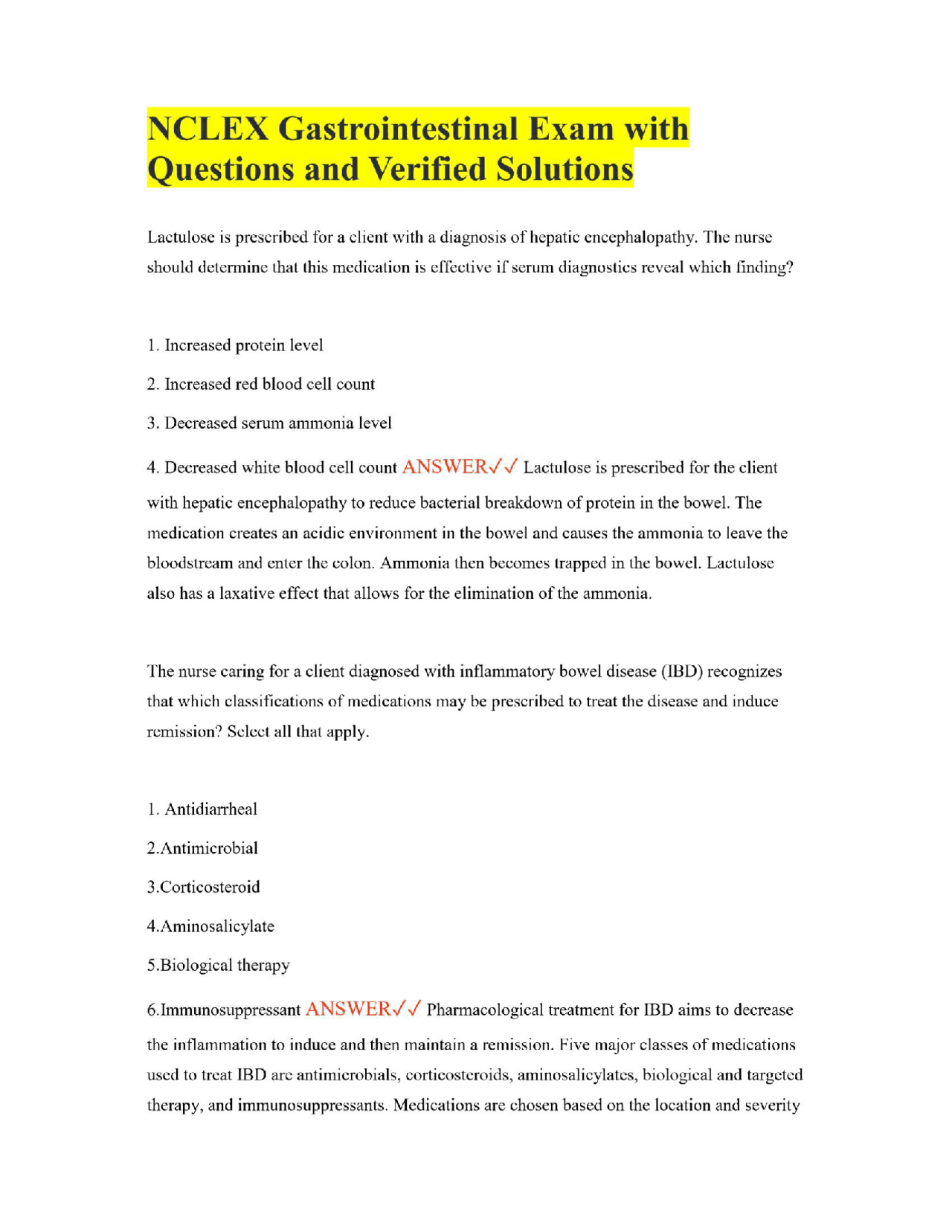 NCLEX Gastrointestinal Exam with Questions and Verified Solutions ...
