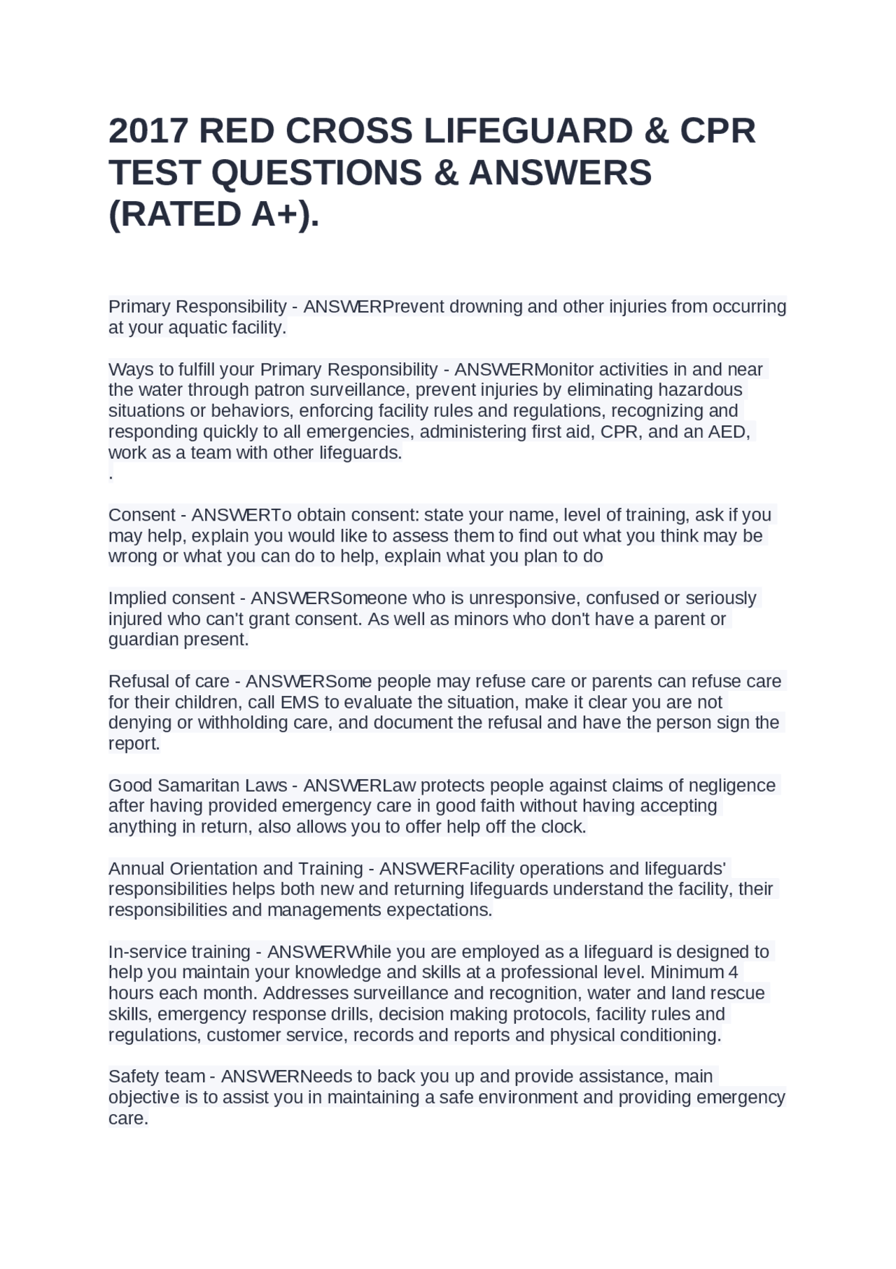 2017 RED CROSS LIFEGUARD & CPR TEST QUESTIONS & ANSWERS (RATED A+ ...