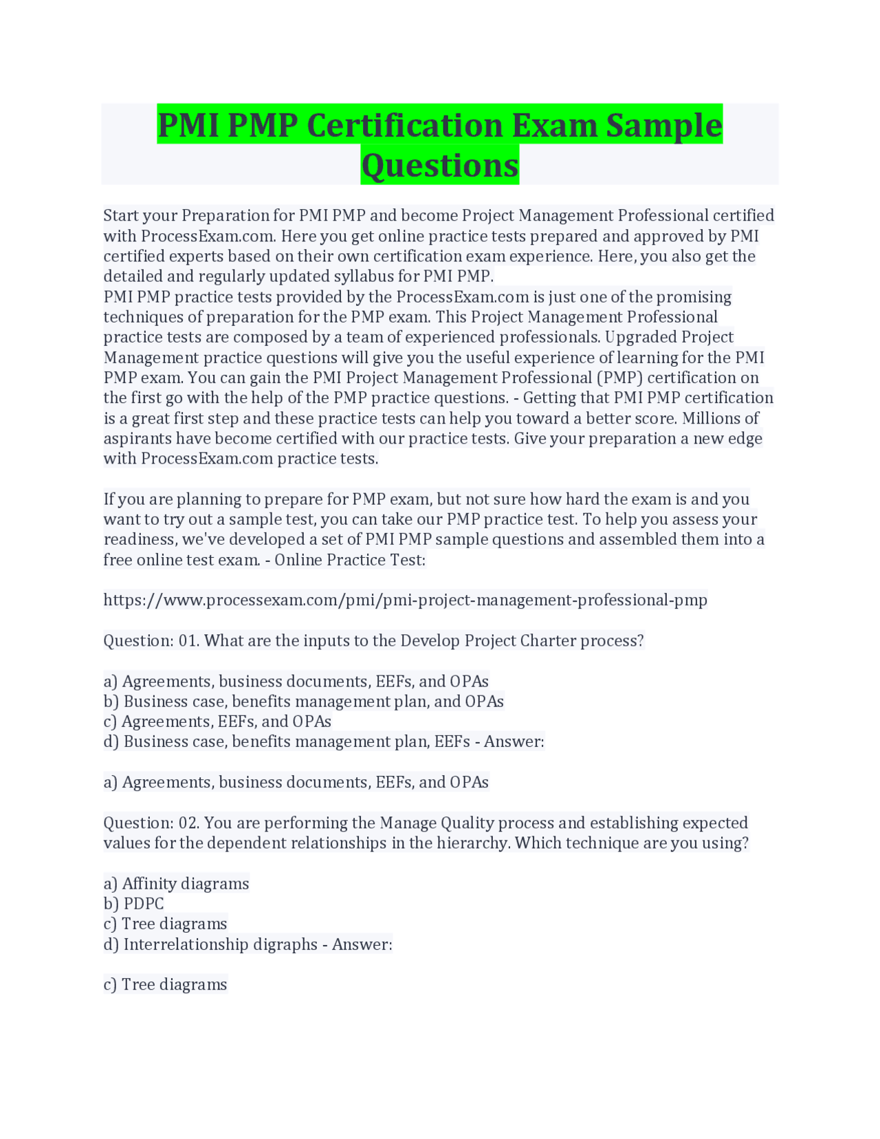 PMI PMP Certification Exam Sample Questions | Exams Advanced Education ...