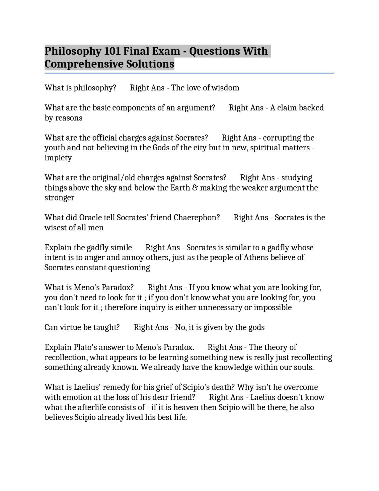 Philosophy 101 Final Exam - Questions With Comprehensive Solutions ...