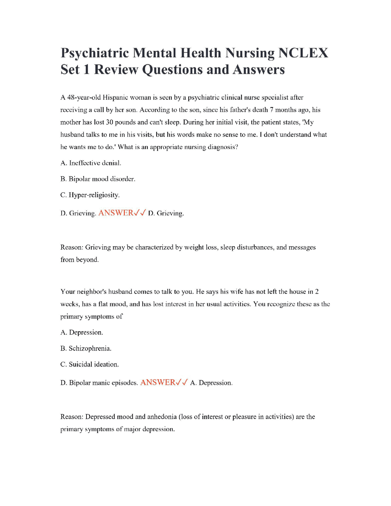 Psychiatric Mental Health Nursing NCLEX Set 1 Review Questions and ...