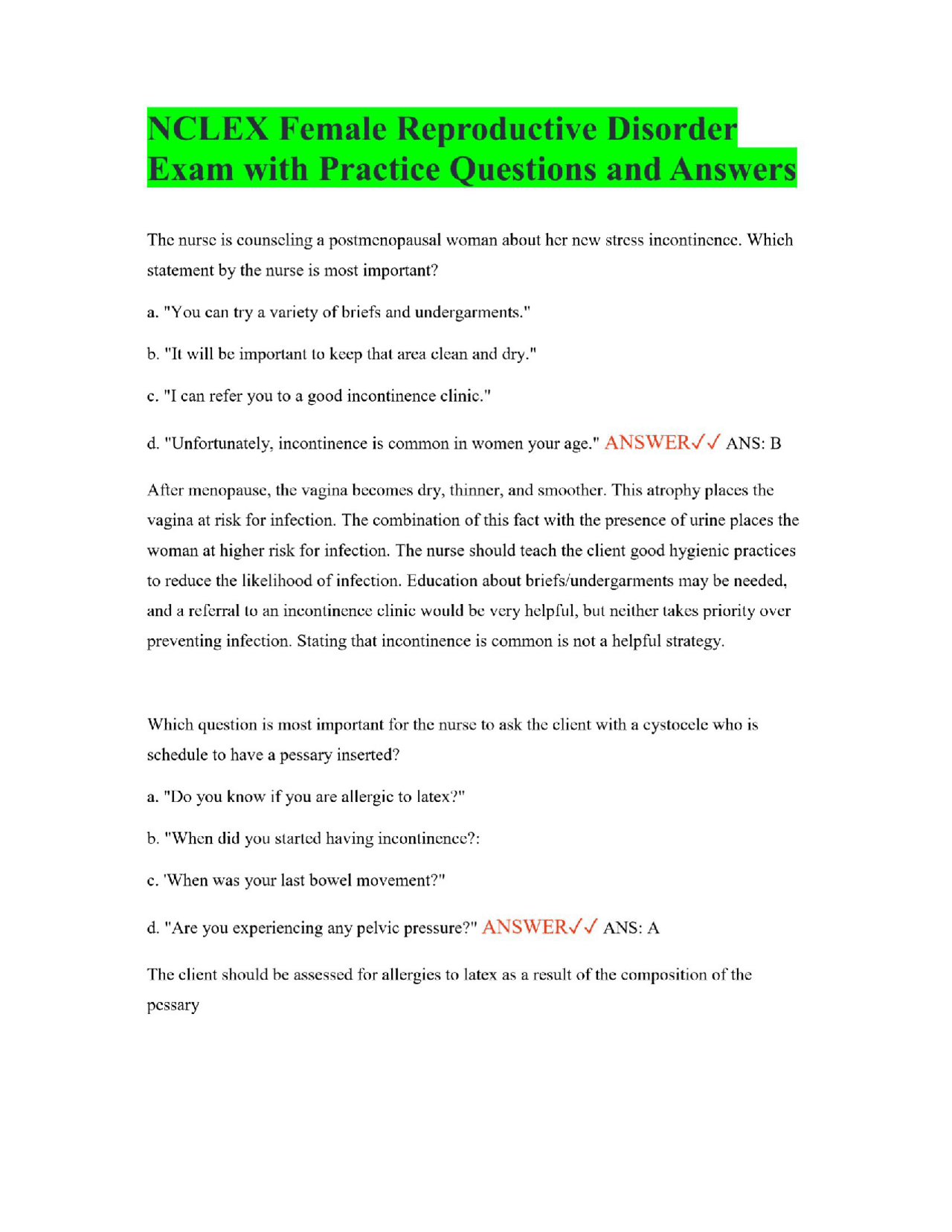 NCLEX Female Reproductive Disorder Exam with Practice Questions and ...