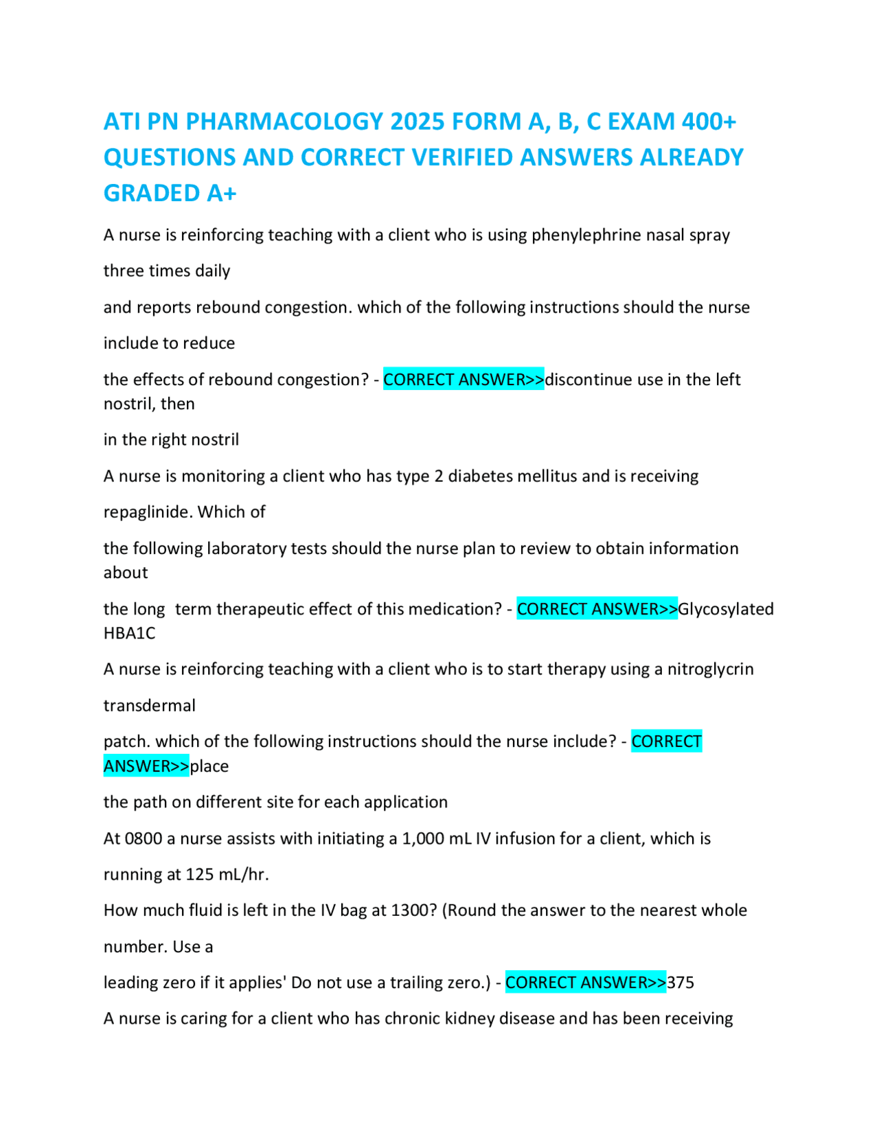 ATI PN PHARMACOLOGY 2025 FORM A, B, C EXAM 400+ QUESTIONS AND CORRECT ...